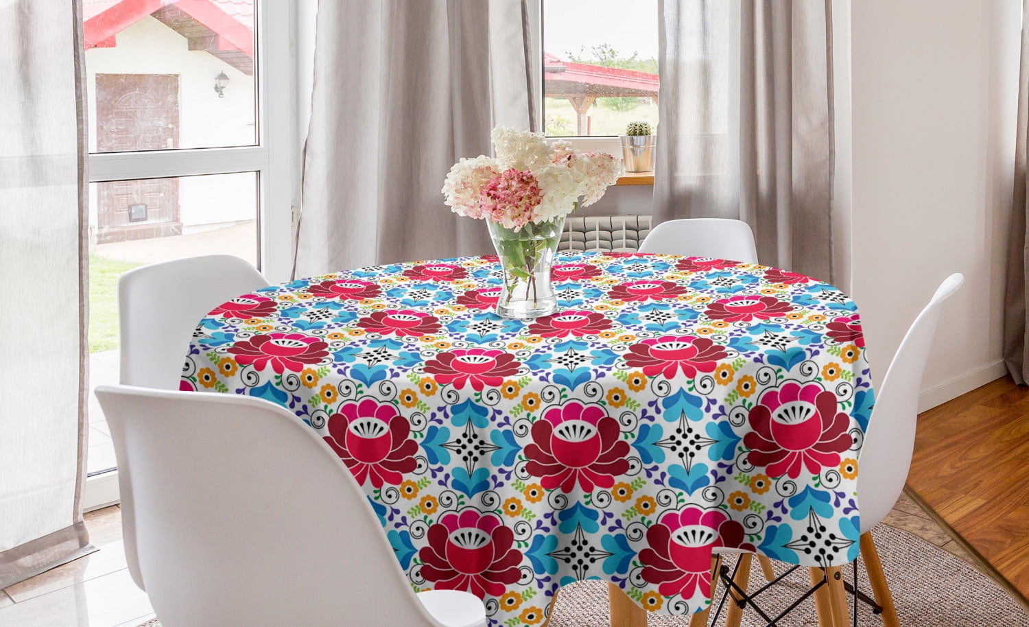 Colorful Round Tablecloth, Slavic Culture Russian Folk Pattern Floral ...