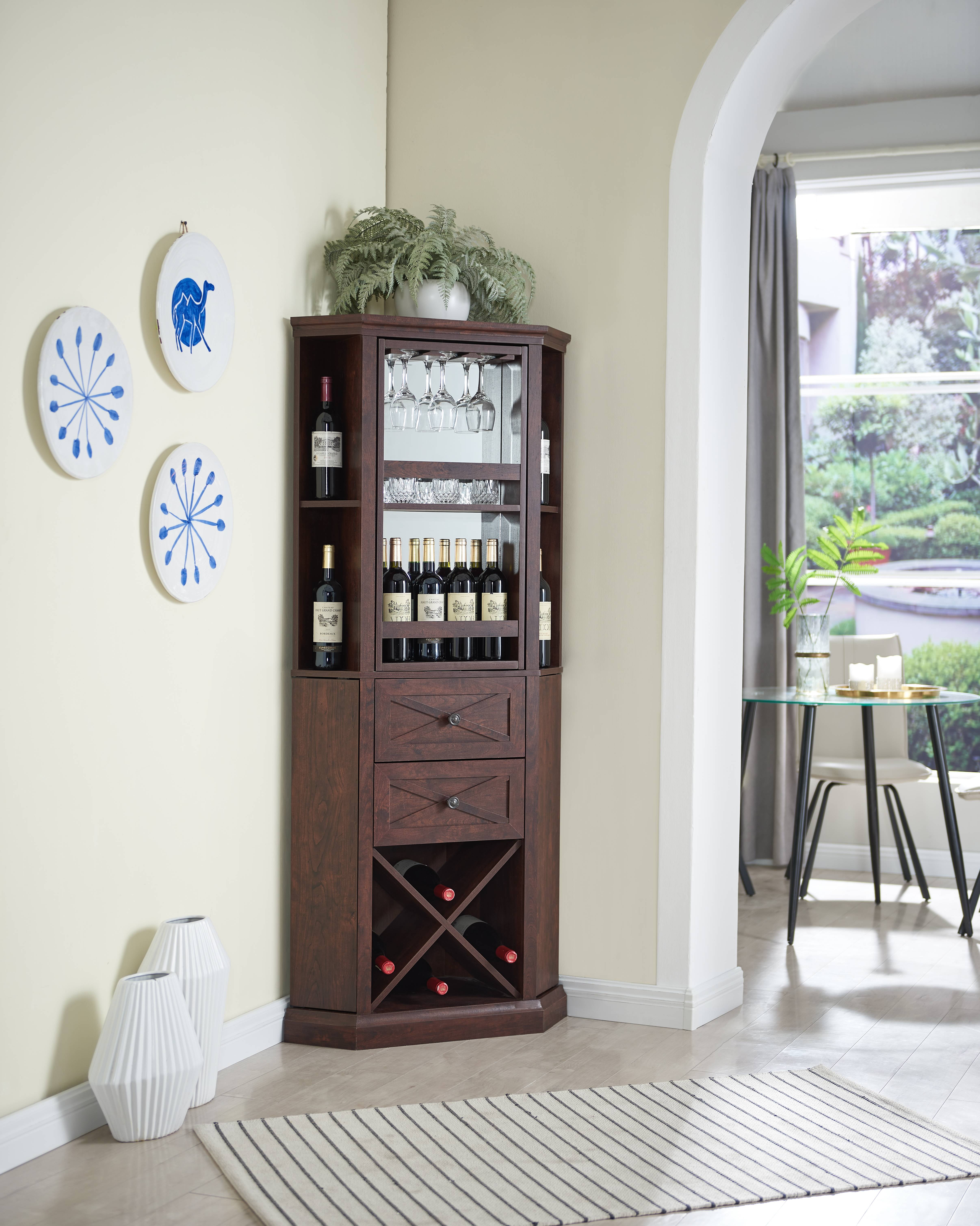 Gramercy Way Corner Bar Cabinet with Rotating Wine Rack Mahogany ...