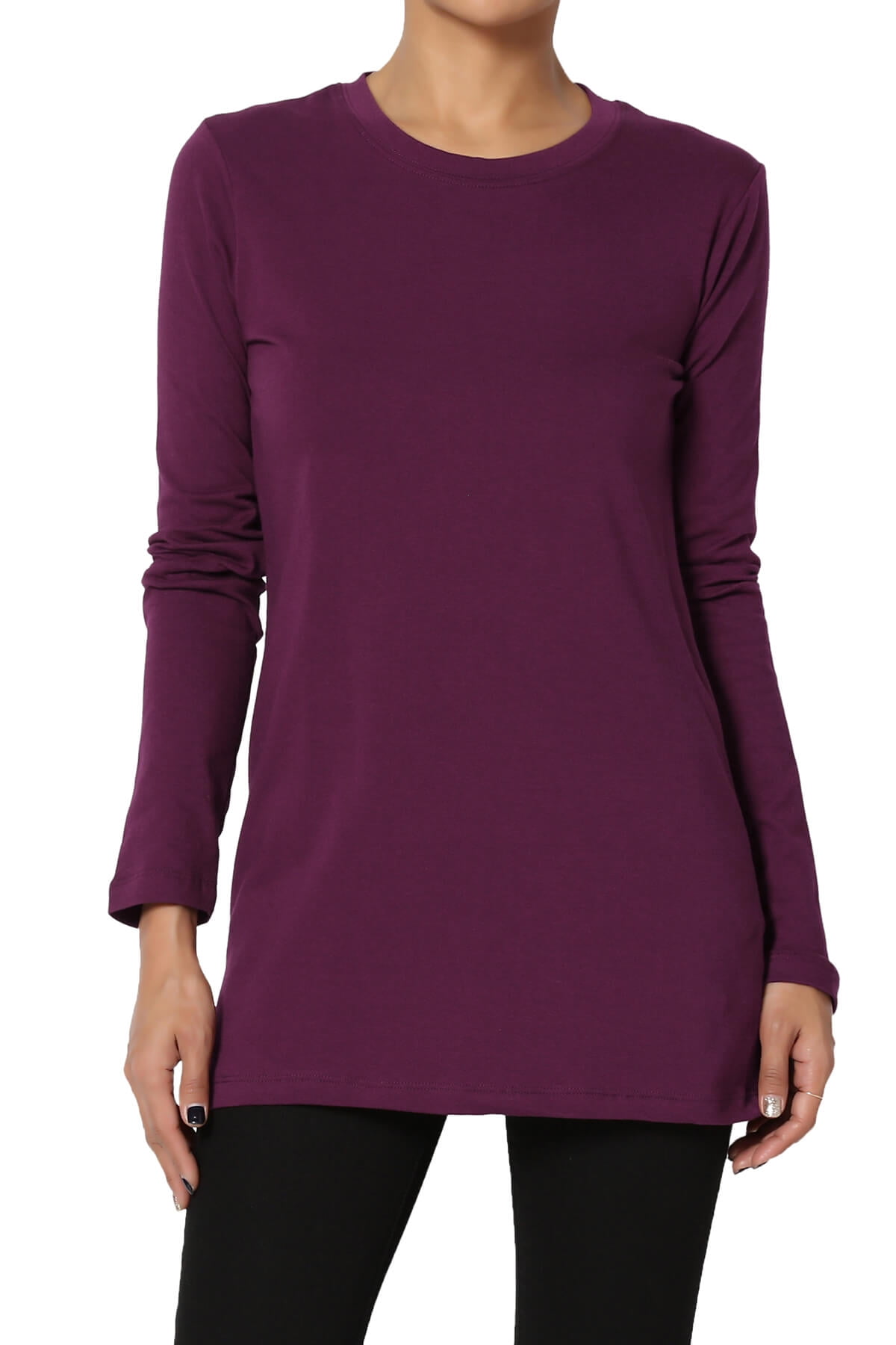 Women's Basic Round Crew Neck Long Sleeve T-Shirt Stretch Cotton Slim ...