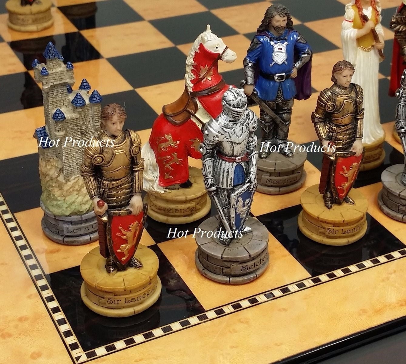 Medieval Times King Arthur Camelot Knight Chess Set W 15" Gloss Walnut ...