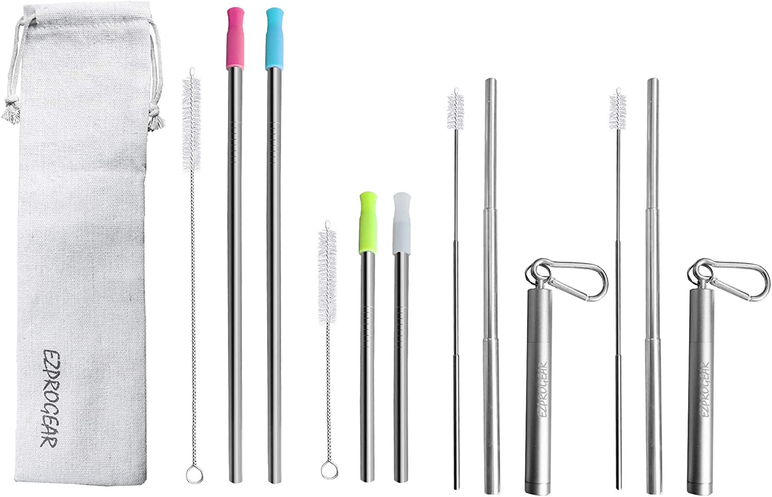 Ezprogear Metal 2C2L2S Stainless Steel 8mm Wide Straws and Collapsible ...
