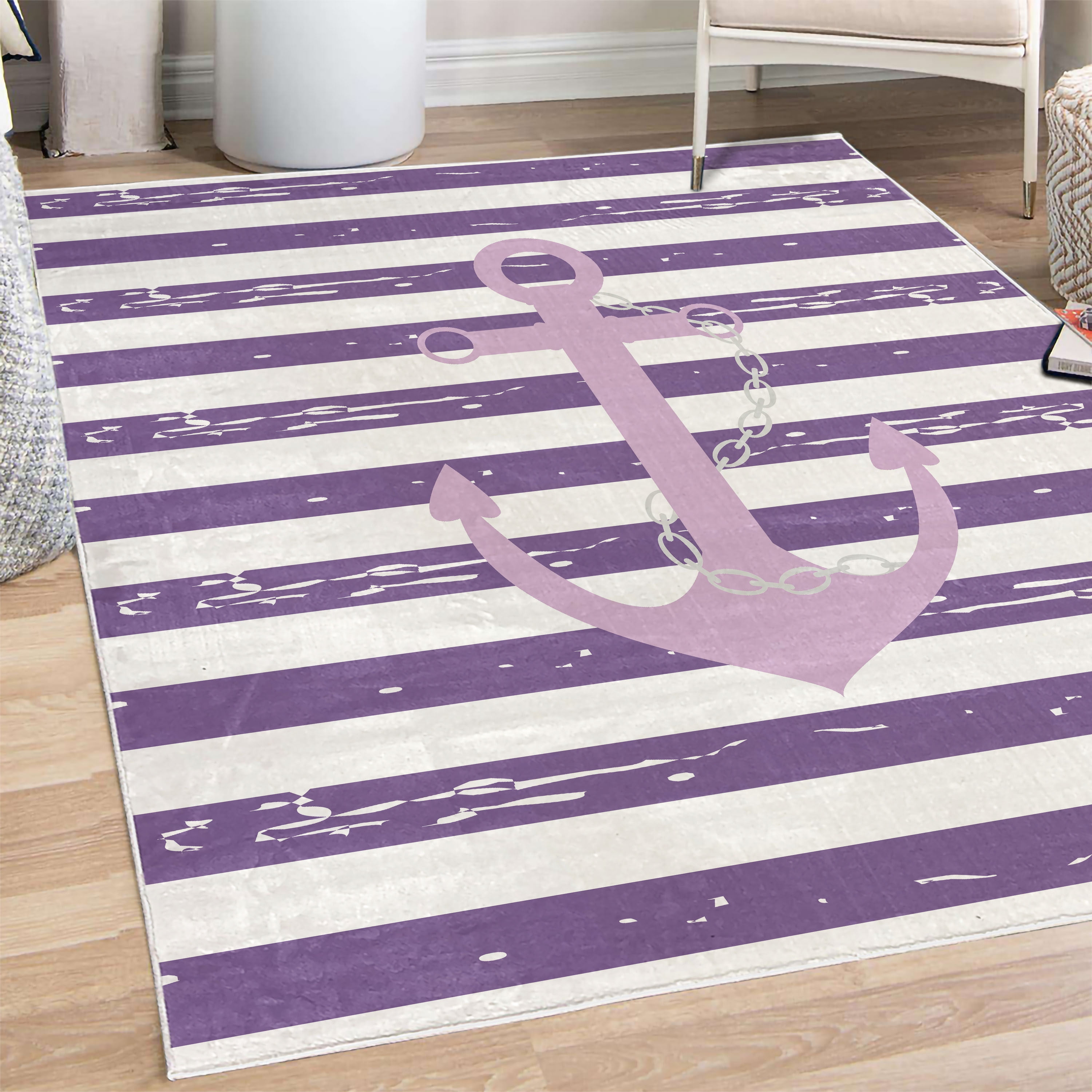 Striped Decorative Rug, Ship Anchor Chain Marine Life Inspired Lines ...