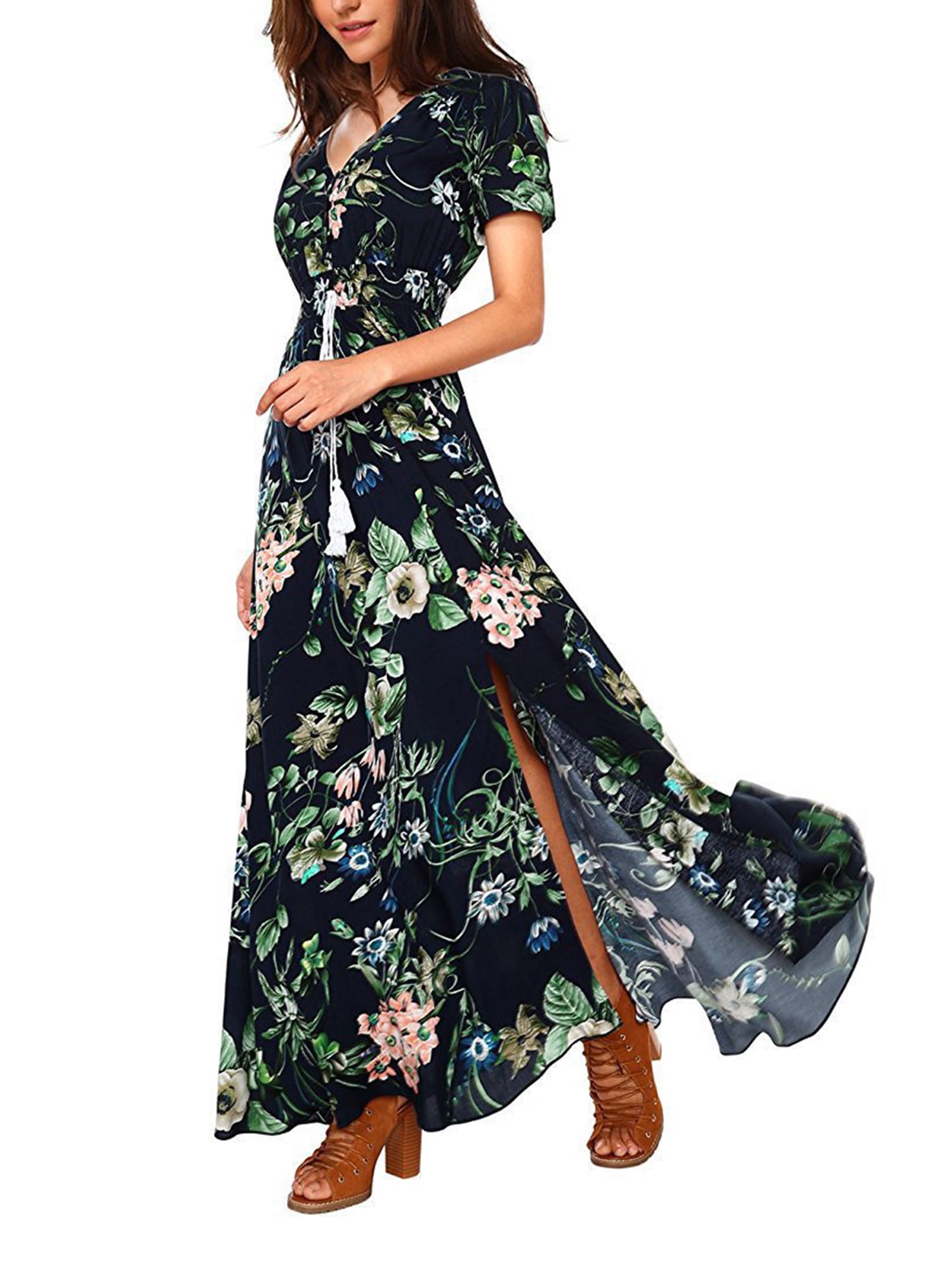 Qiylii Female Bohemian Dress, Summer Flower Print V-Neck Short Sleeve ...
