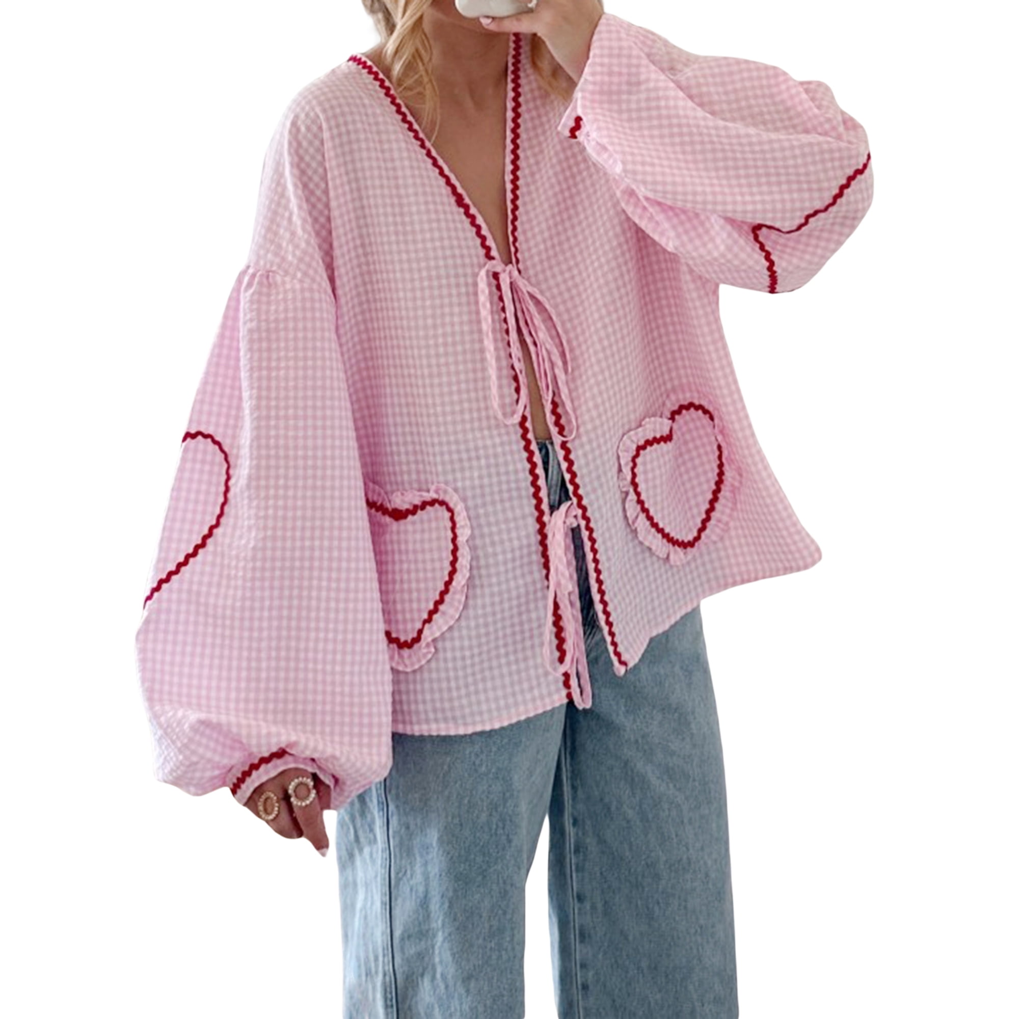 Click here for Gupgi Long Sleeve Plaid Shirts For Women Front Bow... prices