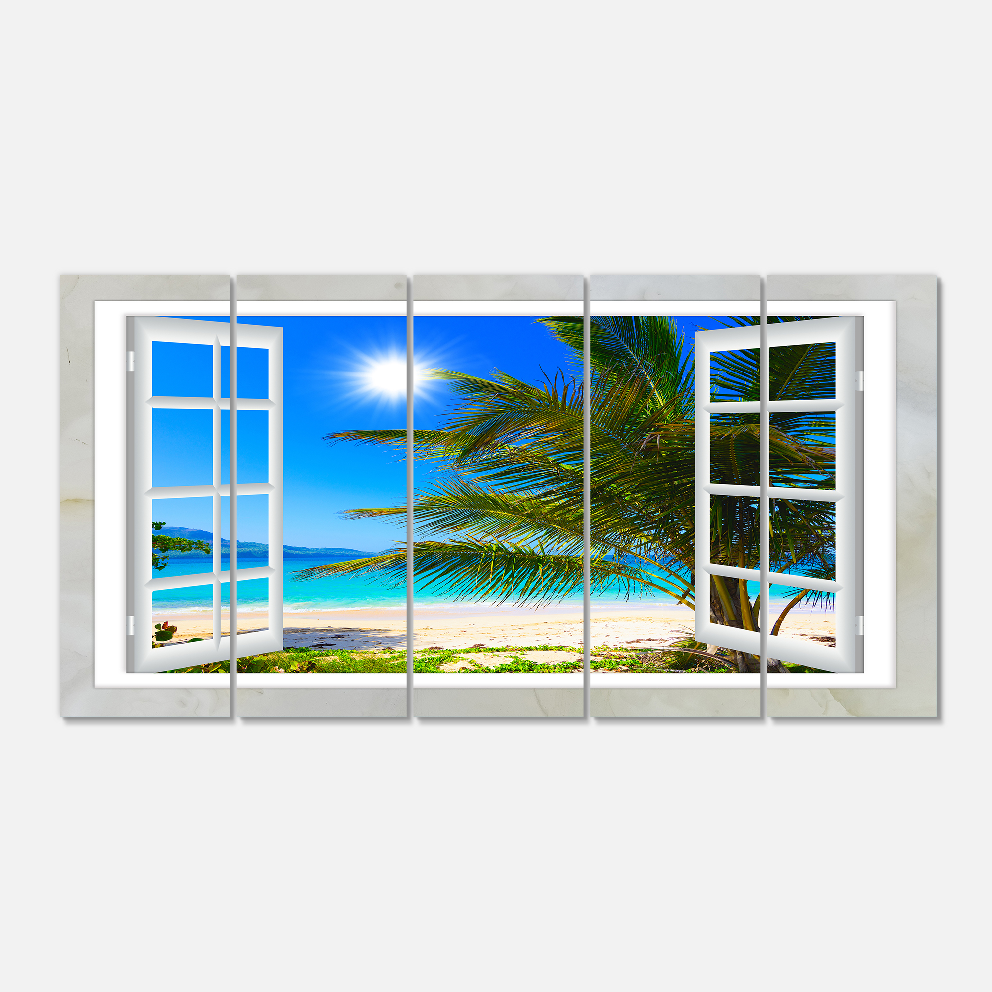 Designart 'Window Open to Beach with Palm ' Extra Large Seashore Canvas ...