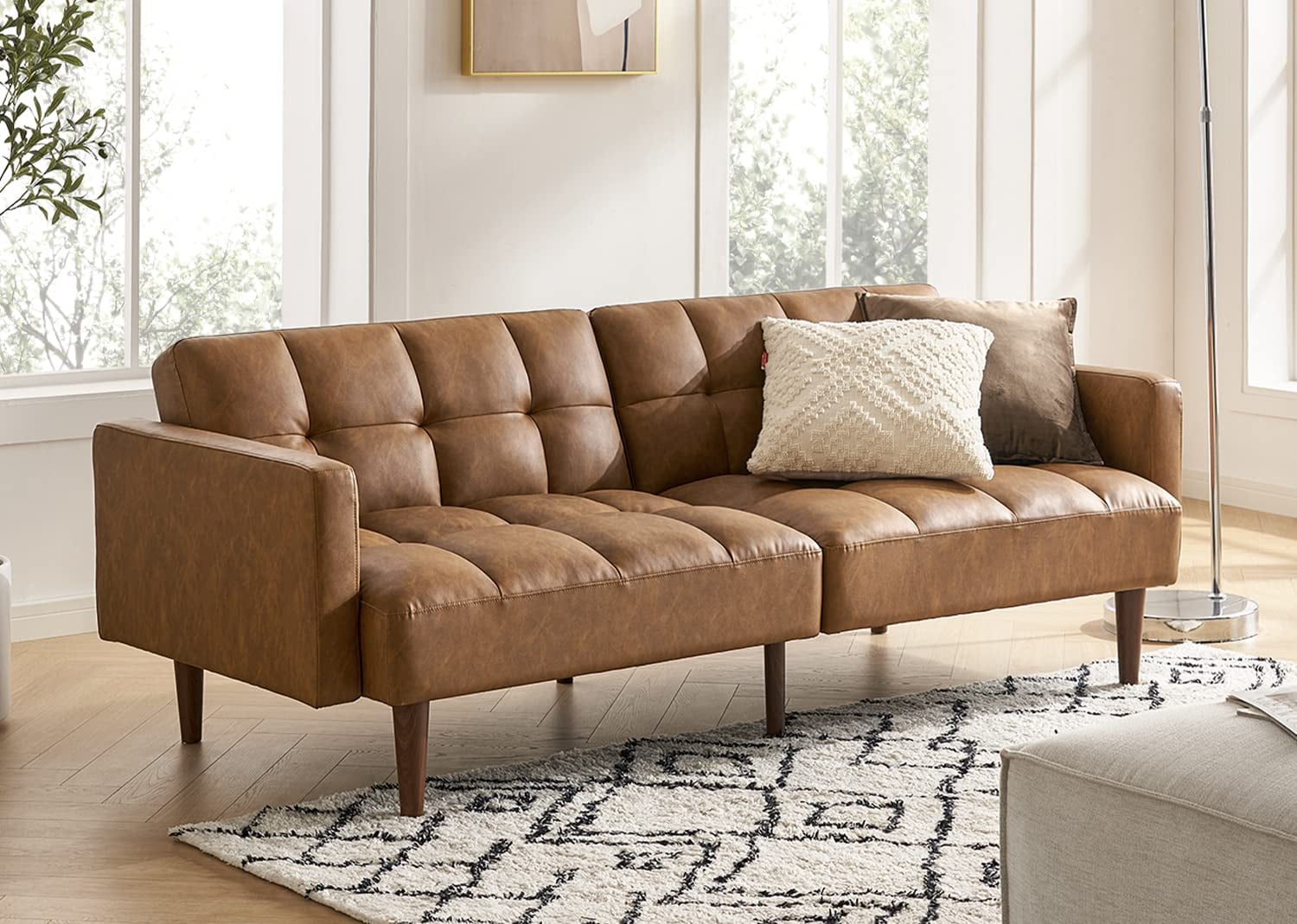 Mopio Aaron Mid Century Modern Faux Leather Convertible Futon 77.5 ...