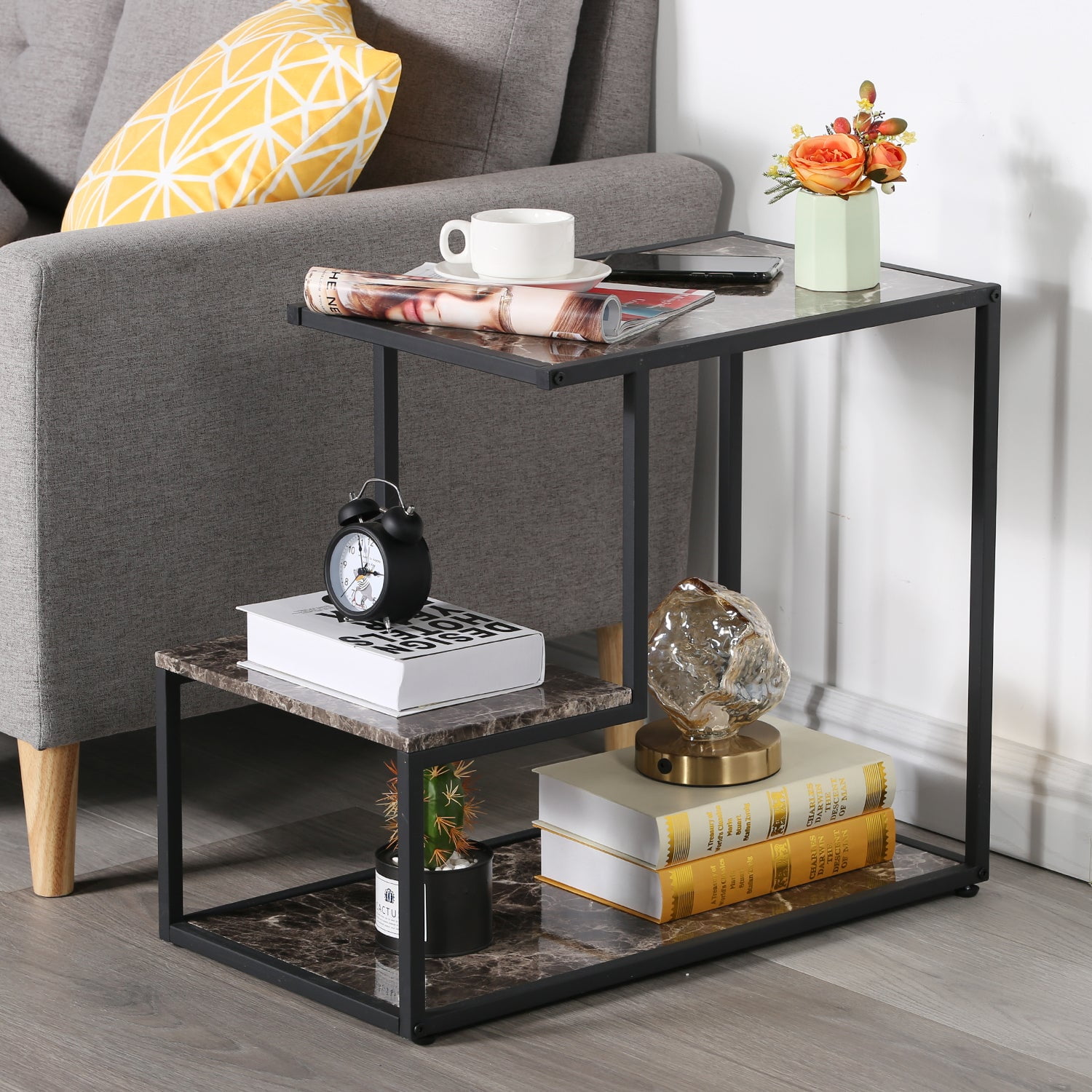VECELO 3-Tier Ladder Nightstand, End Sofa Side Table with Storage Shelf ...