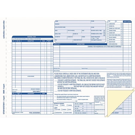 TOPS 3869 Auto Repair Four-Part Order Forms, 8-1/2 X 11, 50 Sets/Pk ...