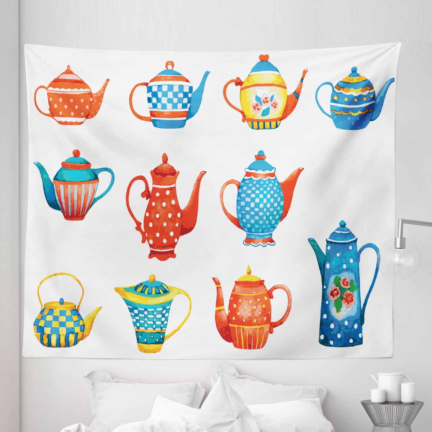 Tea Party Tapestry, Colorful Teapots Various Shapes Sizes Breakfast ...