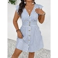 Baby Blue Striped V-Neck Ruffle Sleeve Button-Up A-Line Dress Summer ...
