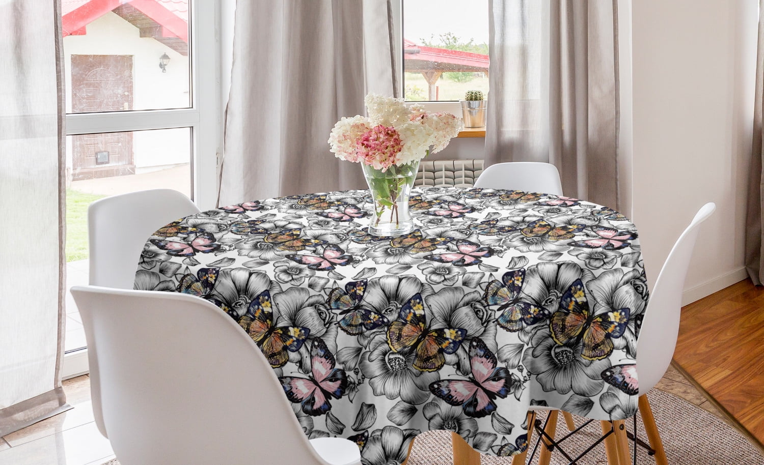 Butterfly Round Tablecloth, Monarch Butterflies on Hand Drawn Flowers ...