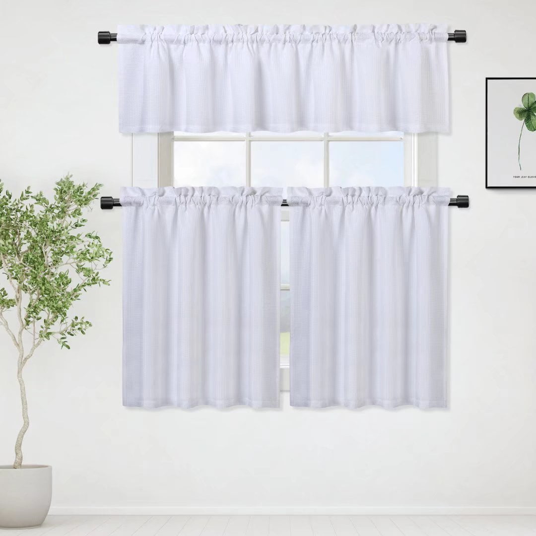 Haperlare 3 Pcs White Kitchen Curtain Set 24 inch long Waffle Woven ...