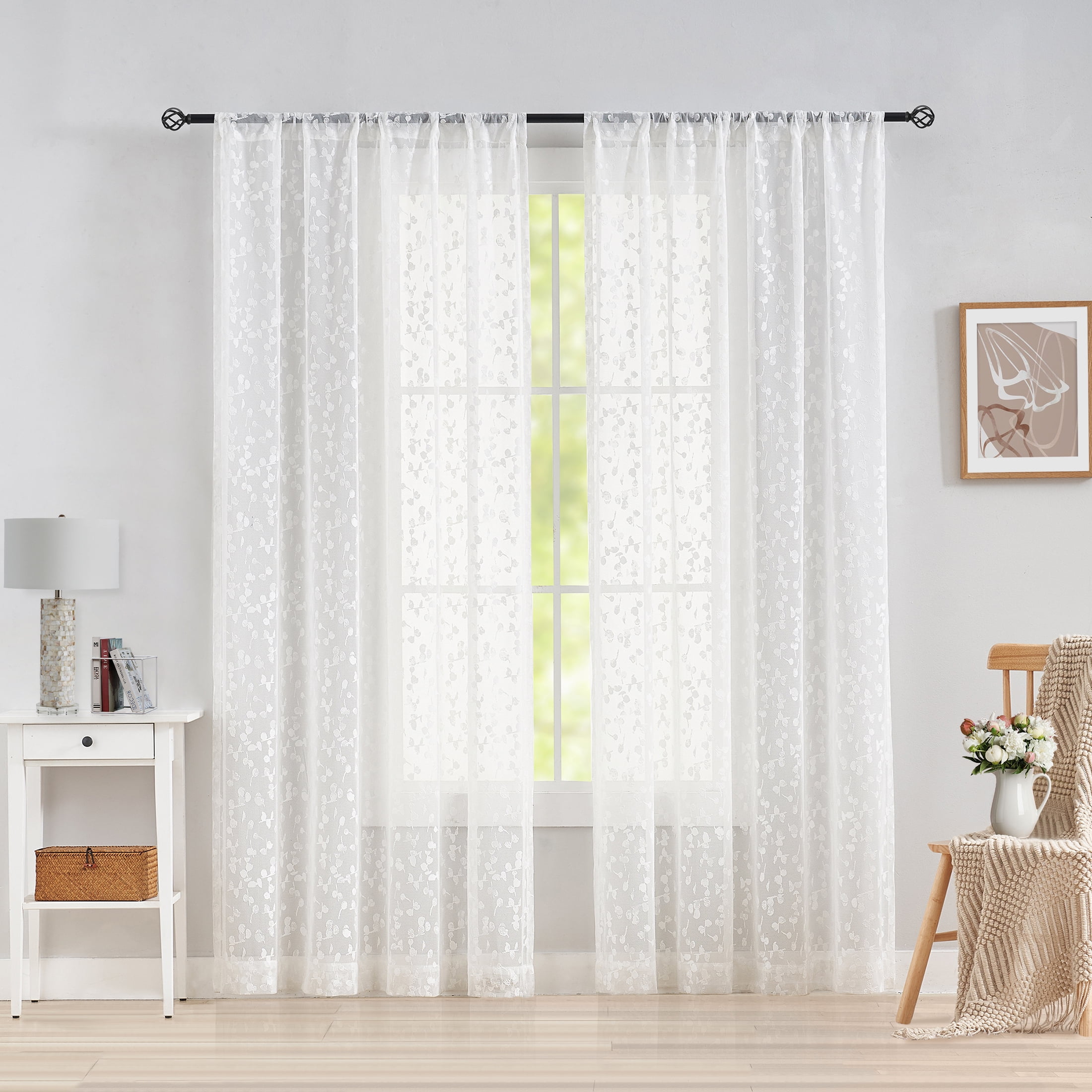 Flowpartex Spring Leaf Buds Embroidered White Lace Sheer Curtains Rod ...