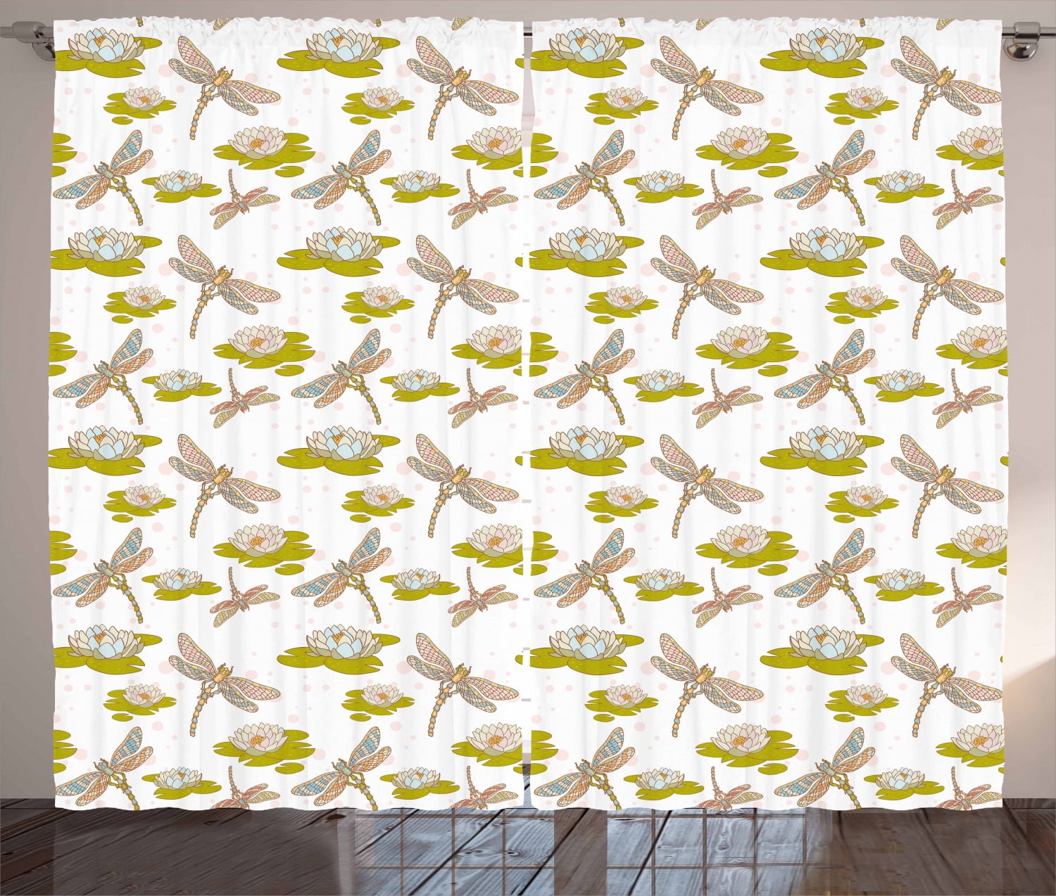 Dragonfly Curtains 2 Panels Set, Asian Lotus Flower with Symbolic ...