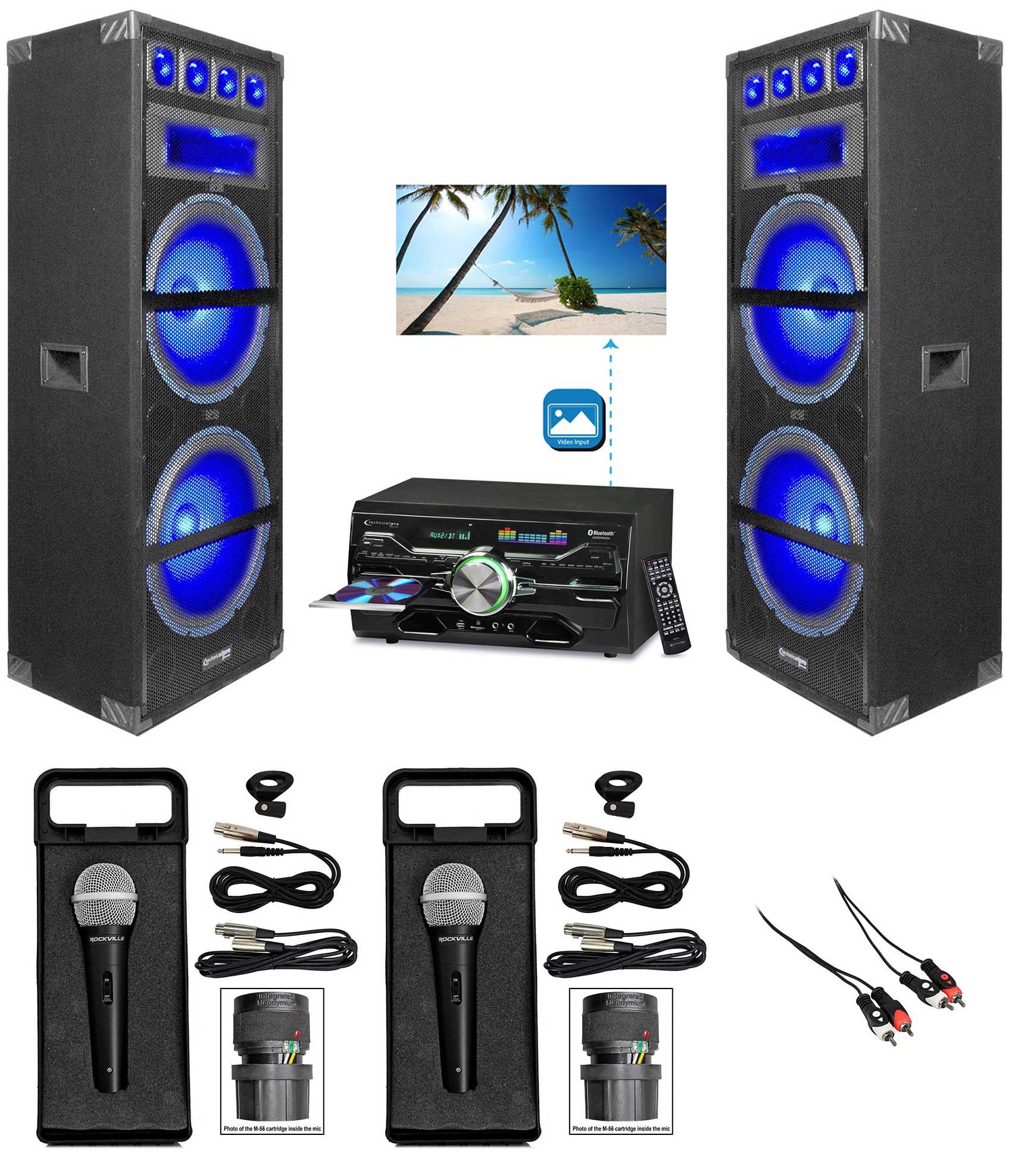 (2) Technical Pro Dual 15" 1800w LED Karaoke Speakers+Receiver+(2 ...