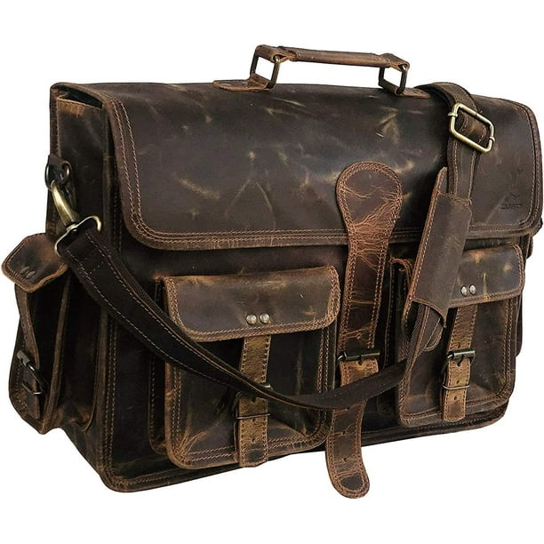 Leather 14 Inch Laptop Messenger Bag Vintage Briefcase Satchel for Men ...