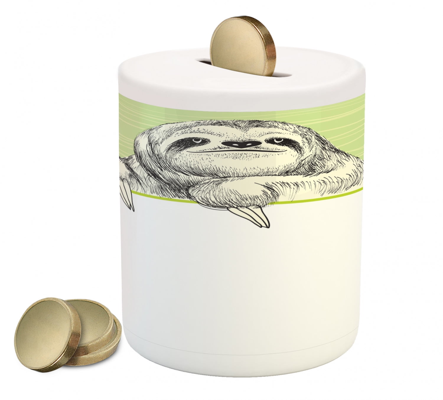 Sloth Piggy Bank, Hand Drawn Sluggish Animal Sloth on Green Abstract ...