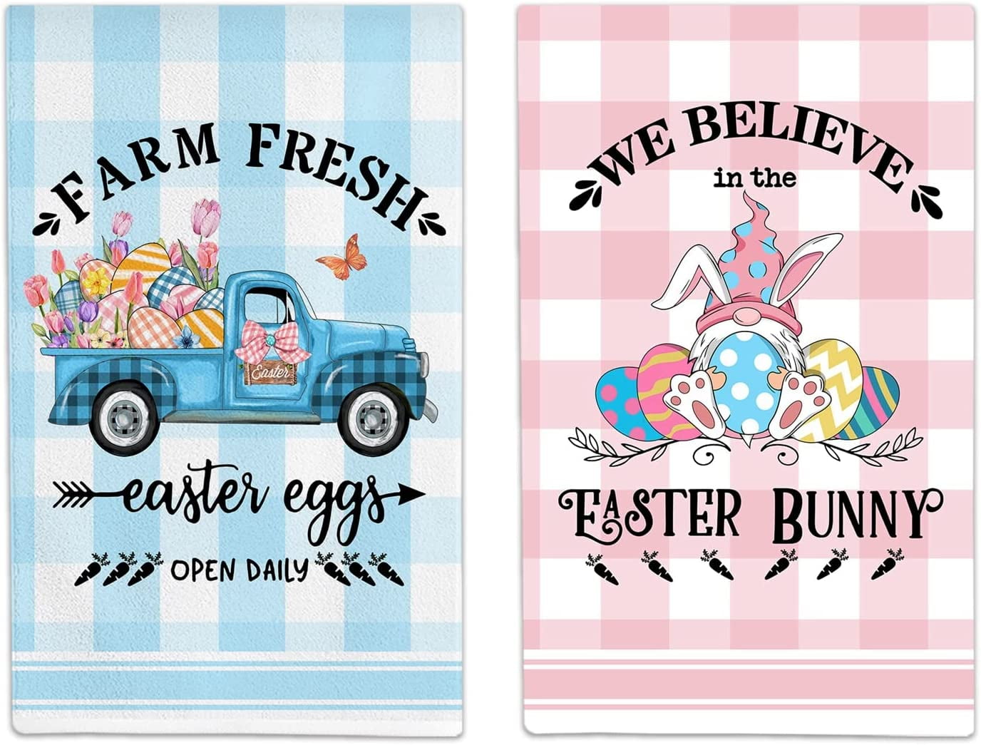 SPXUBZ Easter Kitchen Towels, Blue Pink Plaid Truck Easter Gnome Egg ...