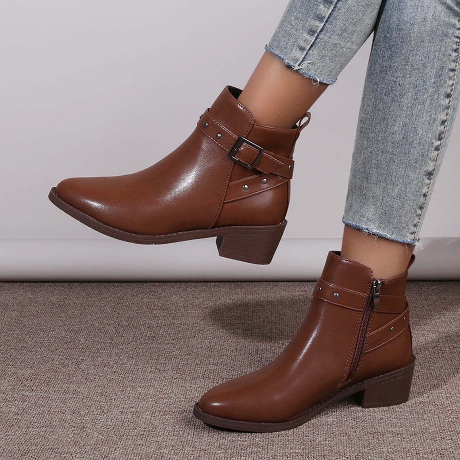 Okbop Womens Chunky Heel Ankle Boots Leather Chelsea Booties Christmas