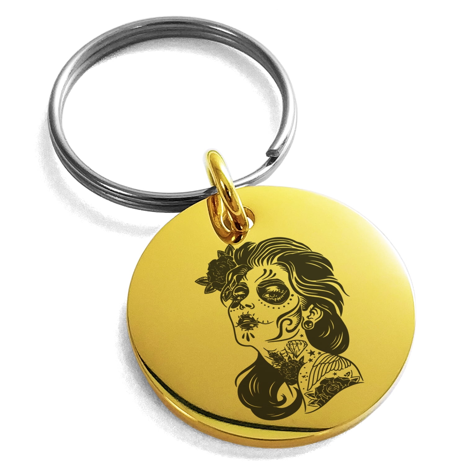 Stainless Steel Day of the Dead Girl Portrait Engraved Small Medallion ...