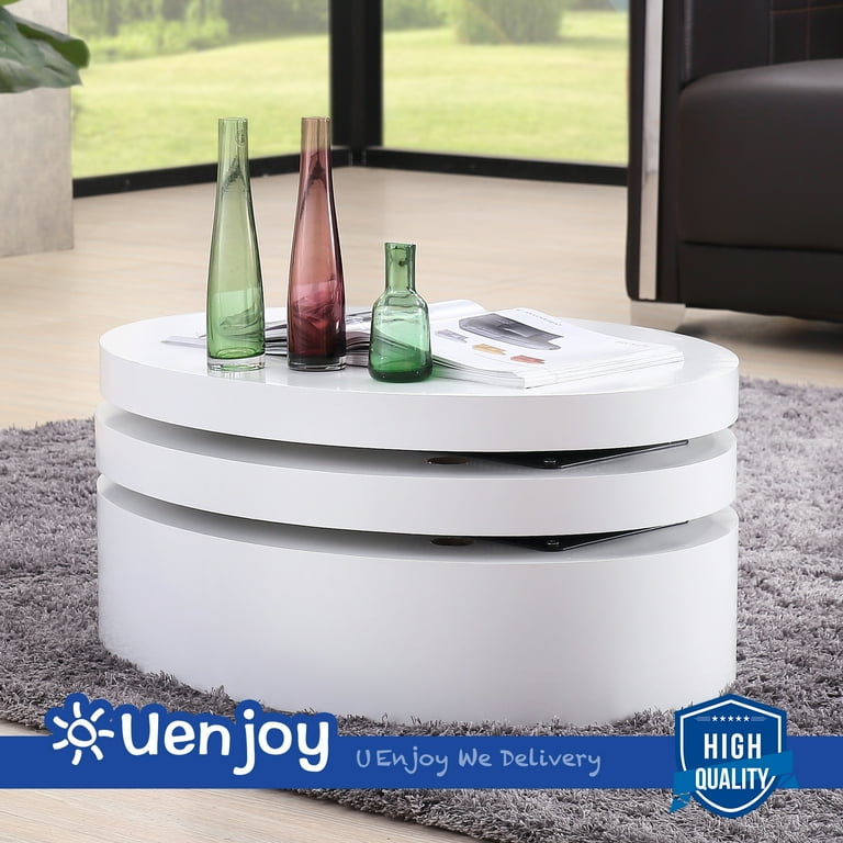 White Round Coffee Table Rotating Contemporary Modern Living Room ...