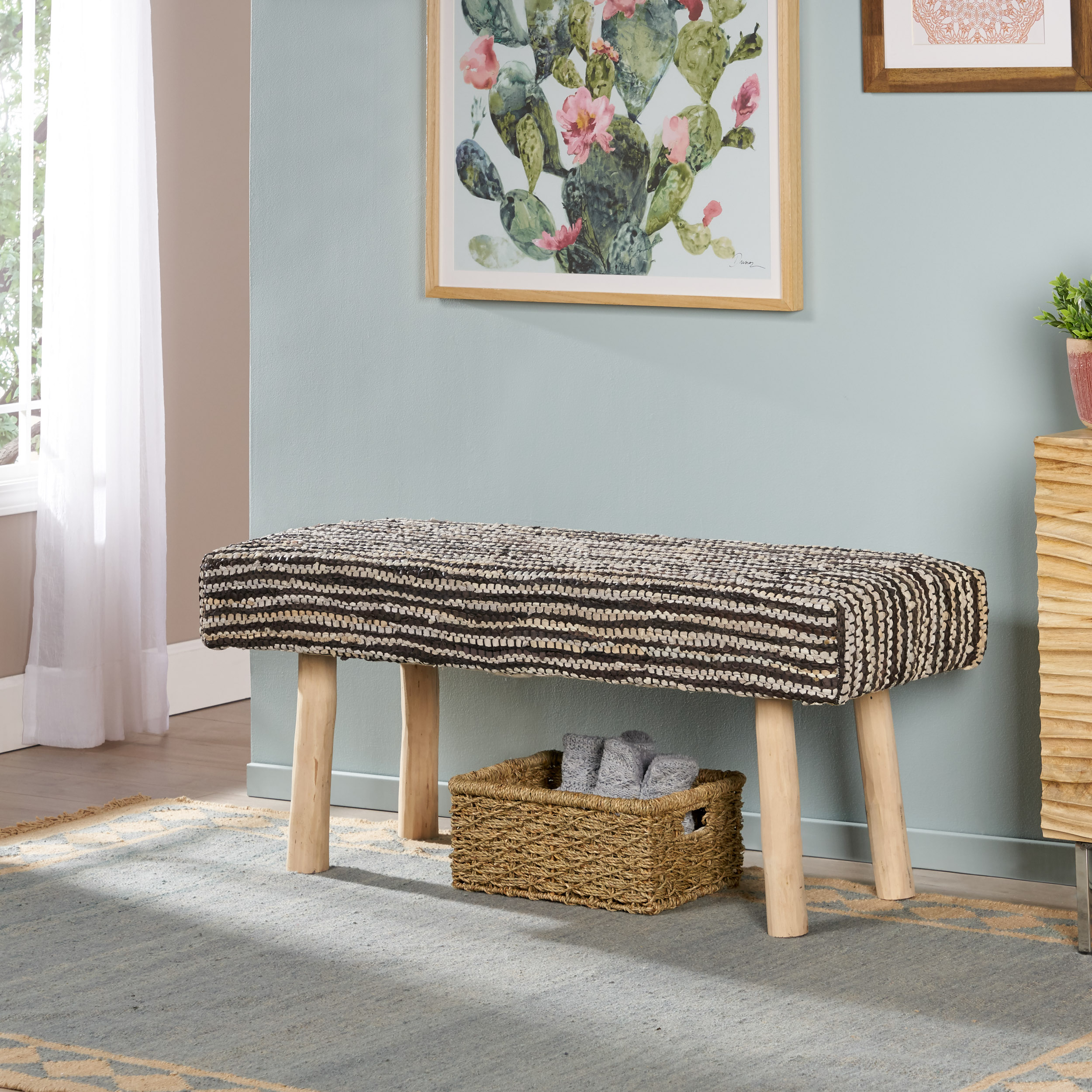 Noble House Anamta Handcrafted Boho Leather and Cotton Rectangular ...