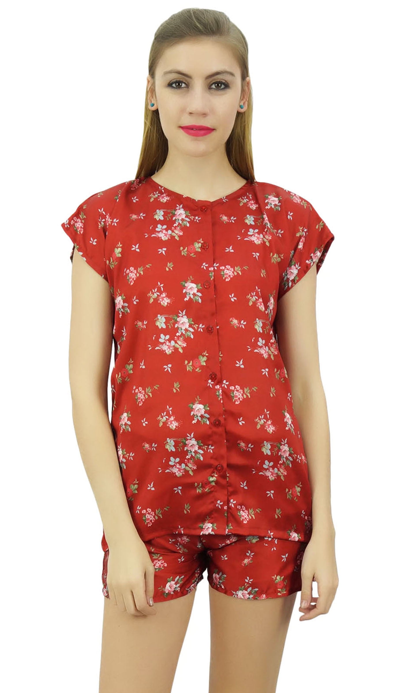 Bimba Womens Floral Satin Red Pj Set Buttondown Shirt Shorts Night ...