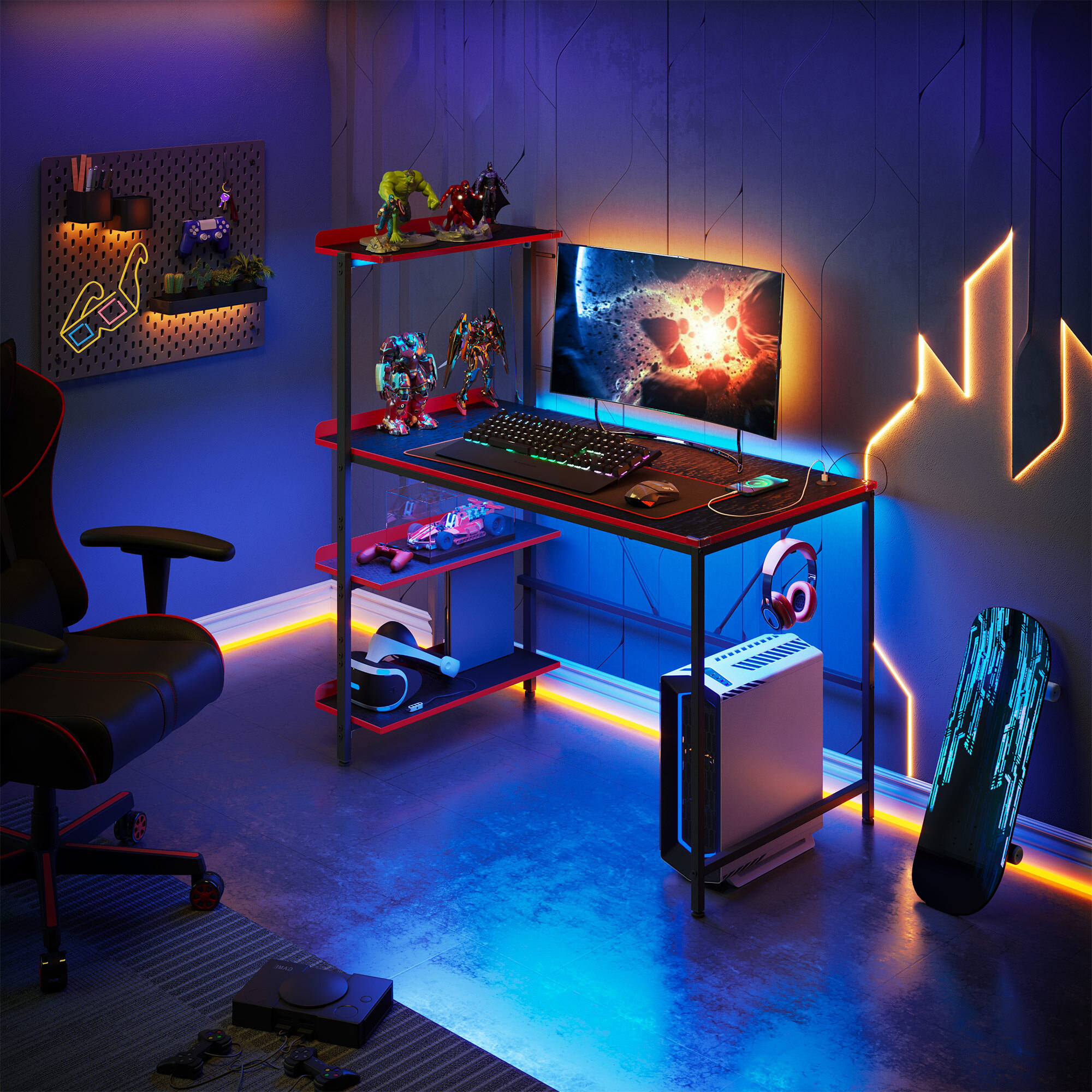 LINSY HOME 51 Inch Computer Desk with LED Light, Home Office Desk with ...