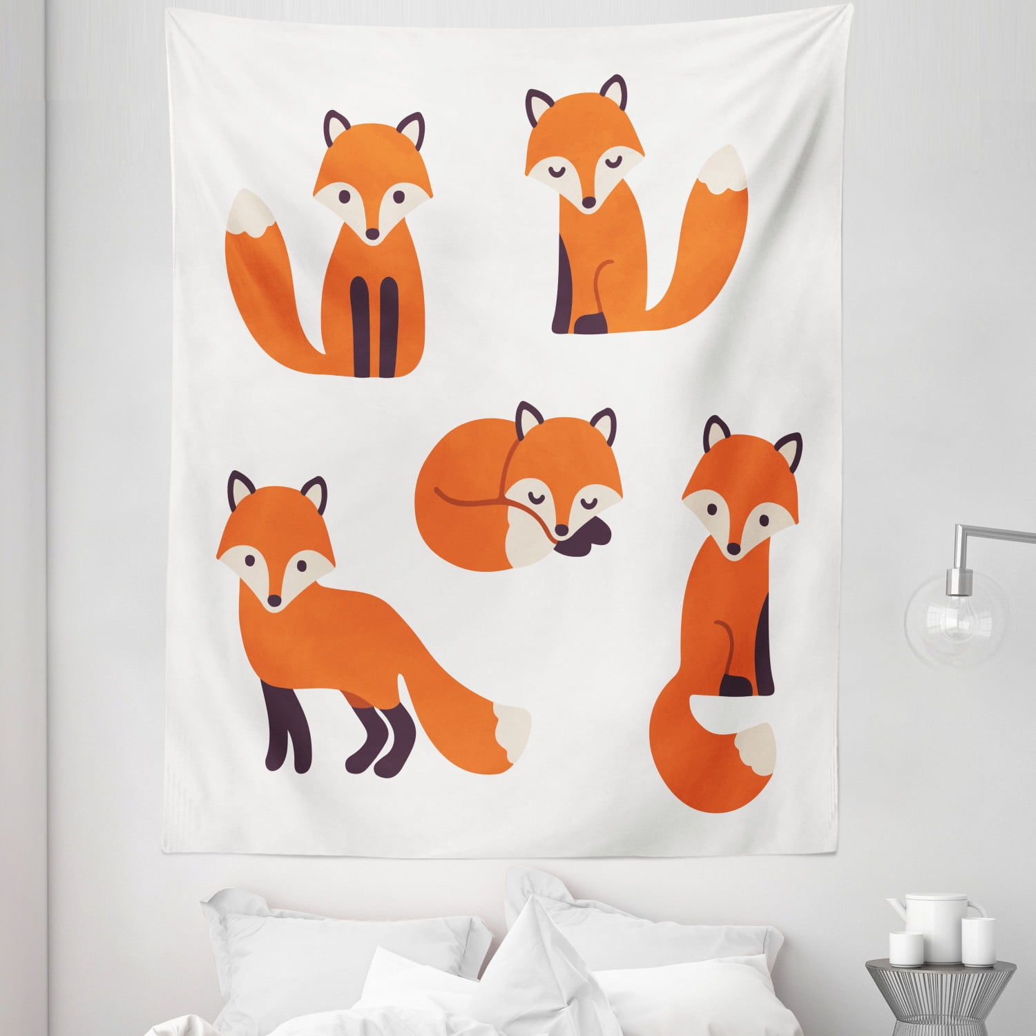 Fox Tapestry, Cartoon Foxes in Modern Style Sitting and Sleeping on ...