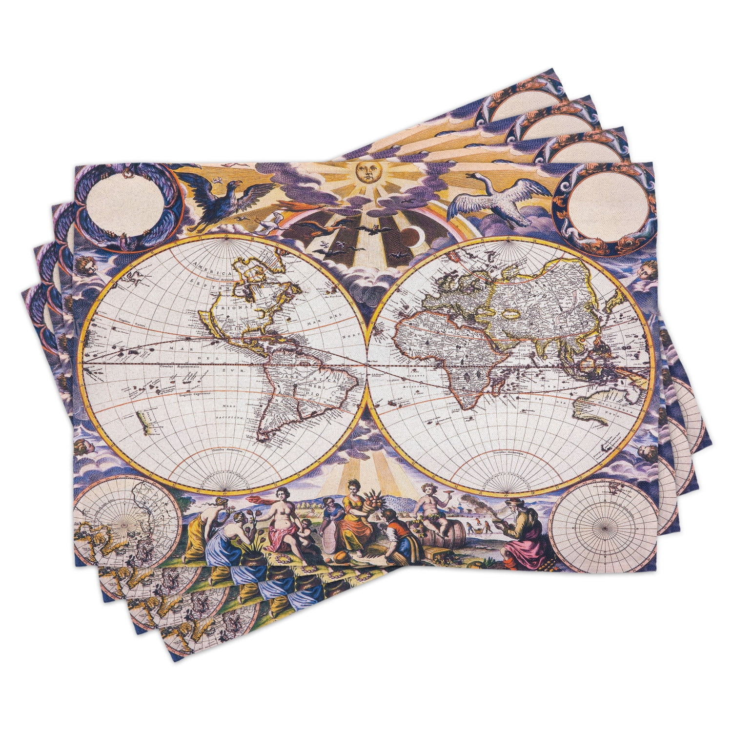 Ambesonne World Map Place Mats Set of 4, Sun Sky Birds Clouds, Standard ...
