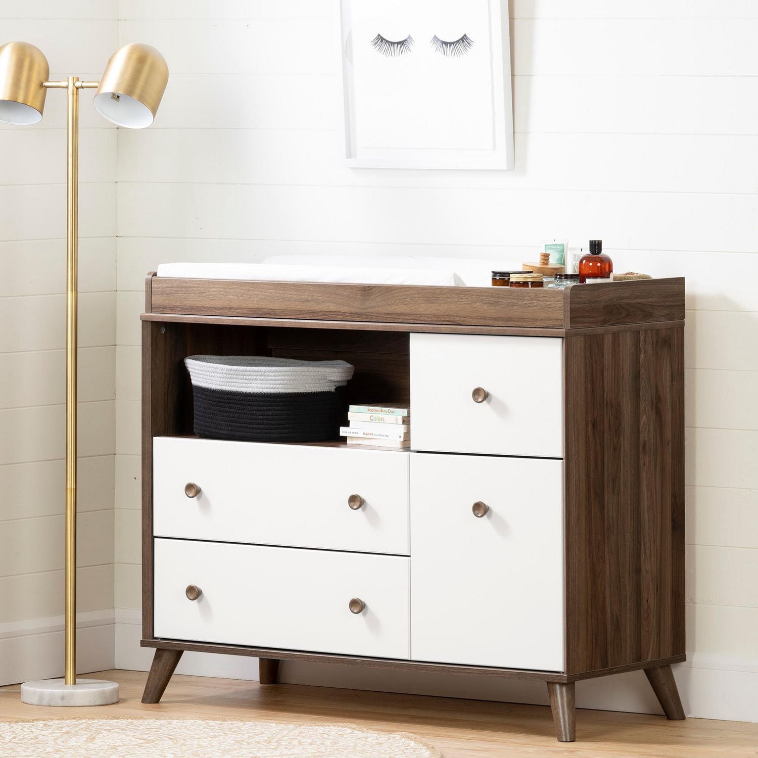 South Shore Yodi Changing Table with Drawers-Natural Walnut and Pure ...
