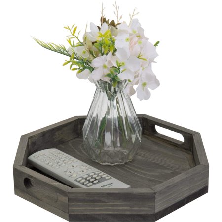 12 Inch Vintage Gray Solid Wood Octagon S ving Tray with Cutout Handle ...