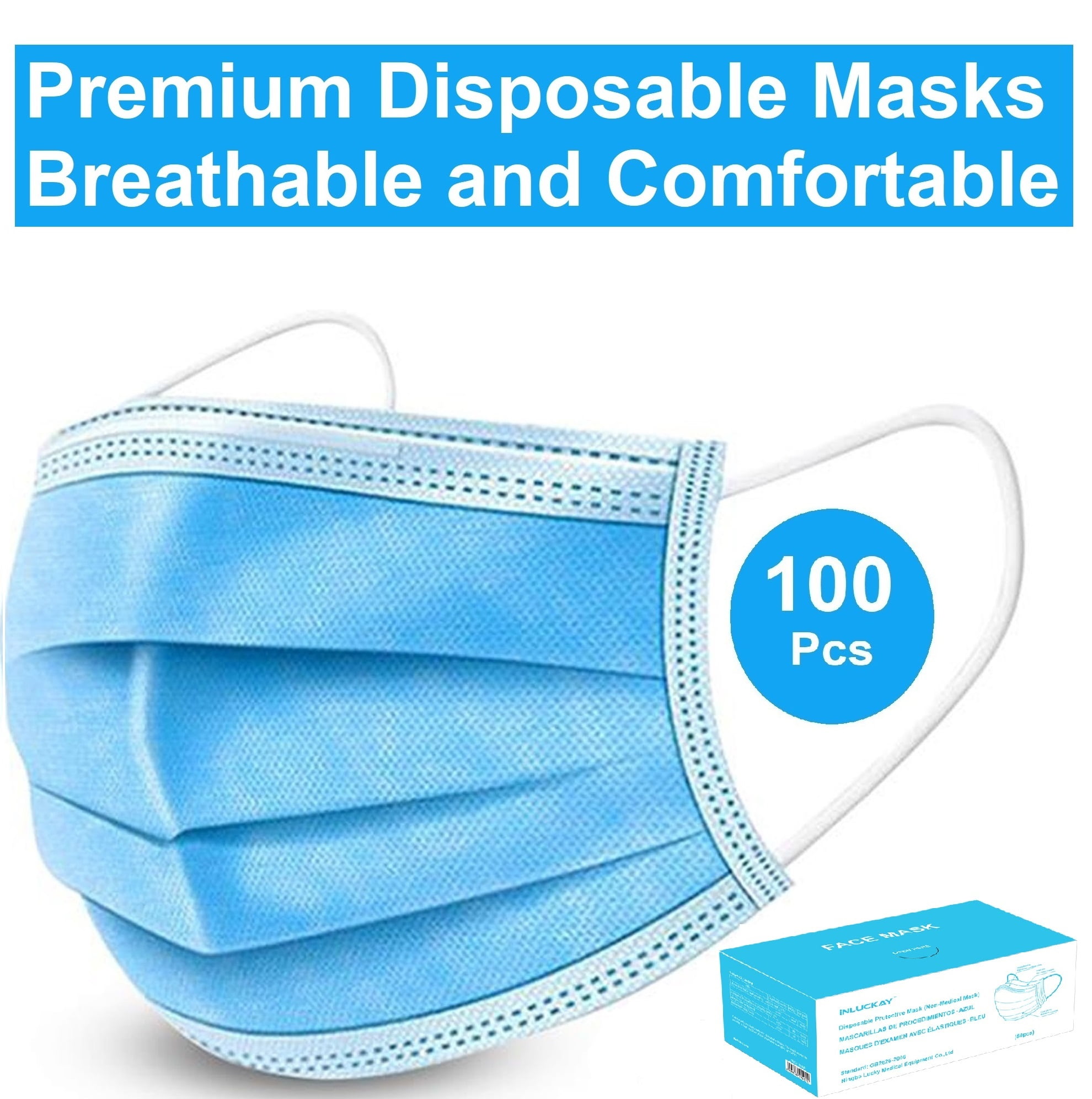 Disposable Face Mask - 100 Pack - Disposable Face Masks, 3-ply Elastic ...