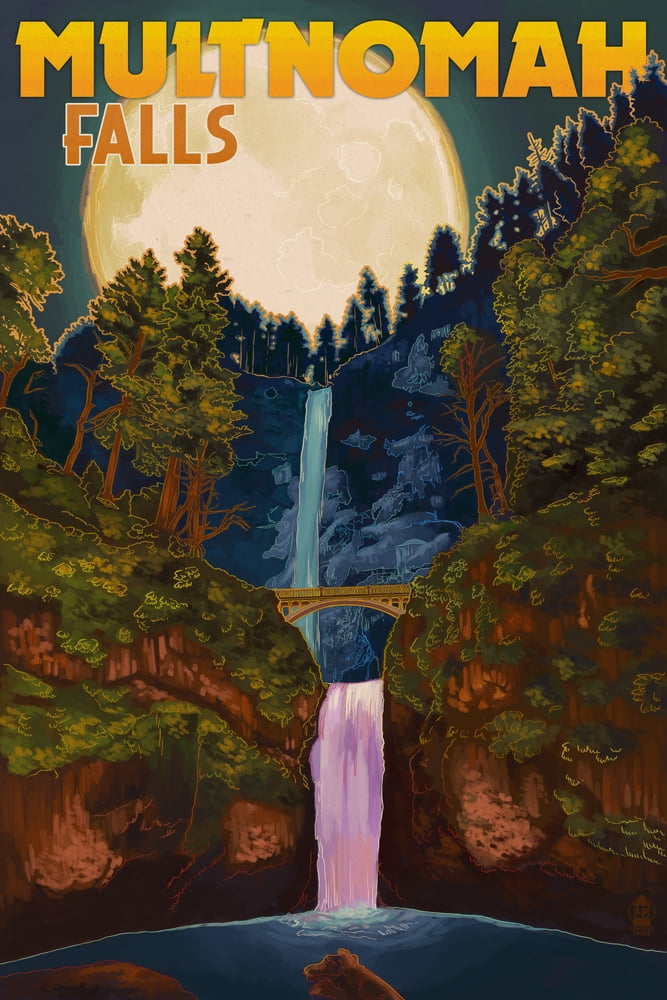 Multnomah Falls, Oregon and Full Moon (12x18 Wall Art Poster, Room ...