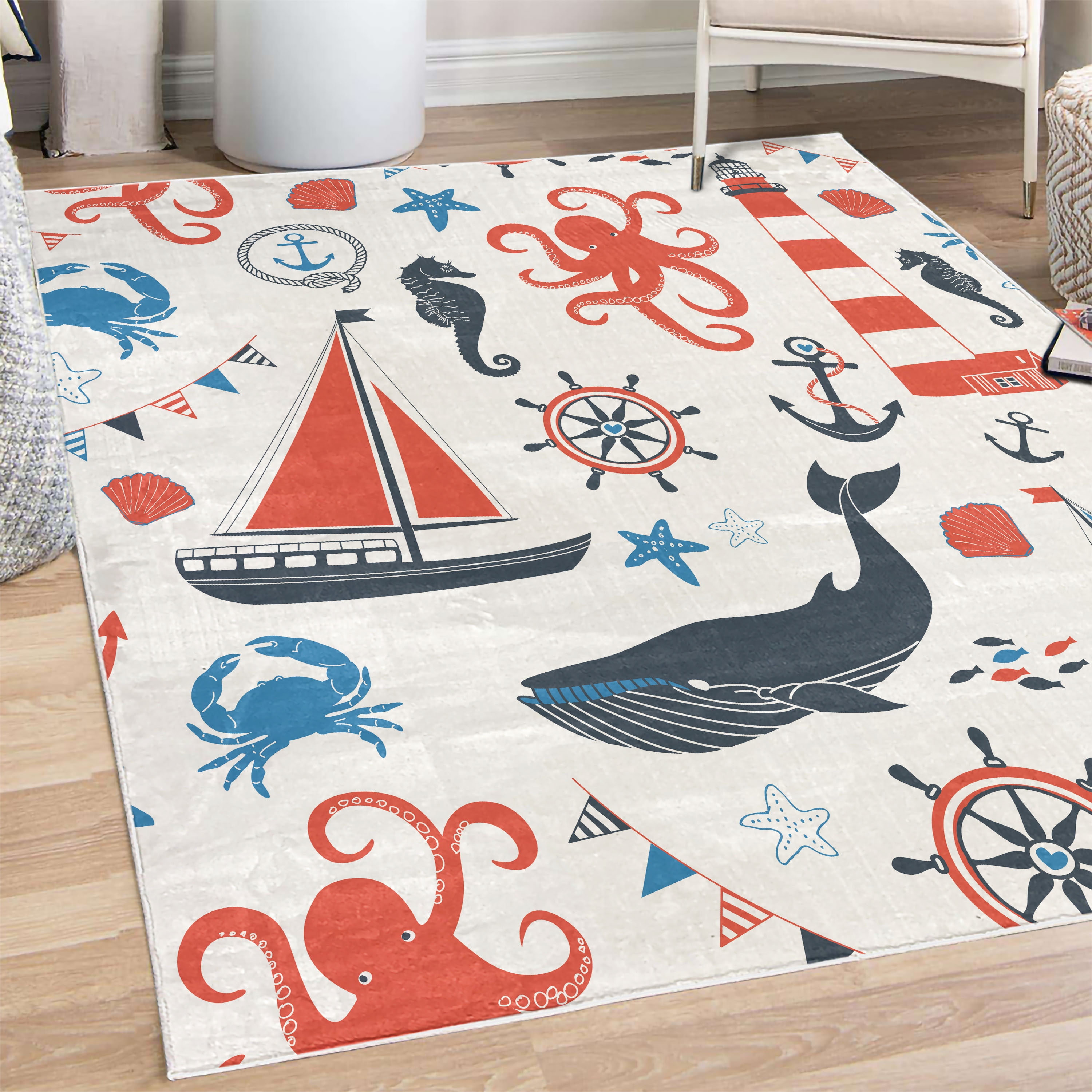 Nautical Decorative Rug, Pastel Colored Composition of Lighthouse ...