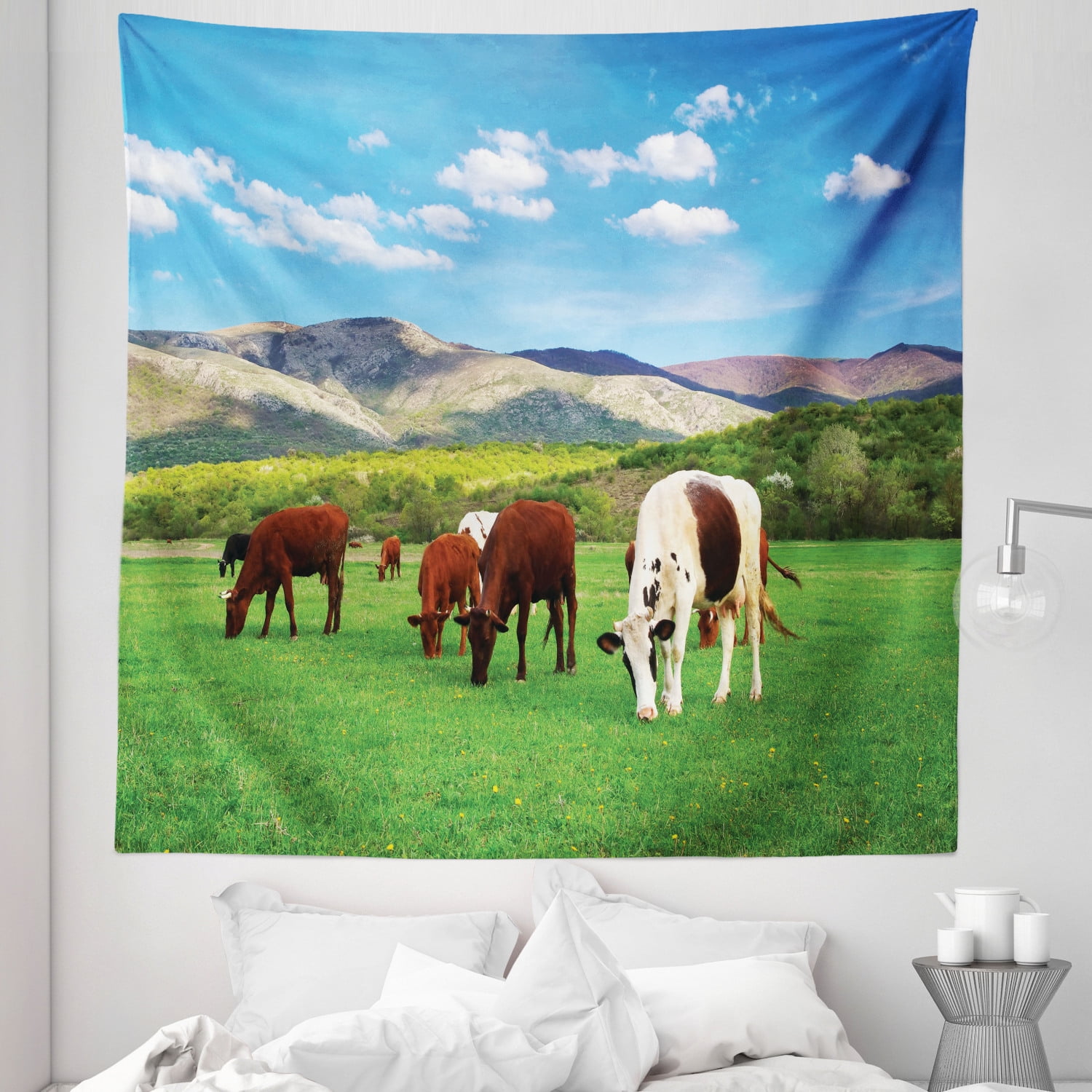 Cattle Tapestry, Colorful Herd of Cows on Green Meadow Surrounded by ...