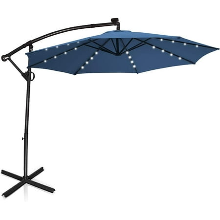 10FT Patio Cantilever Offset Umbrella w/ Cross Base, Solar Powered LED ...
