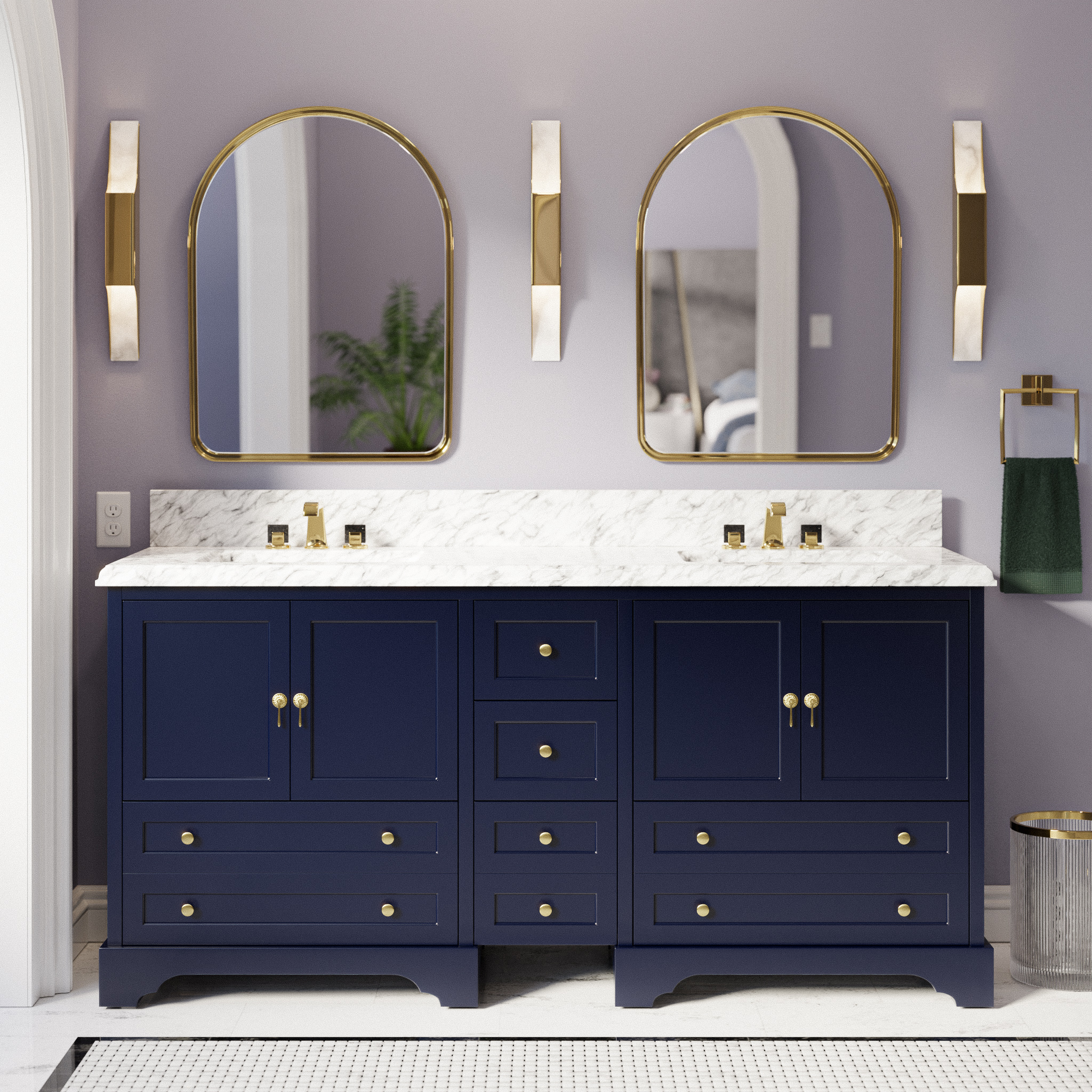 Madison 72" Double Bathroom Vanity with Royal Blue Cabinet and Carrara ...