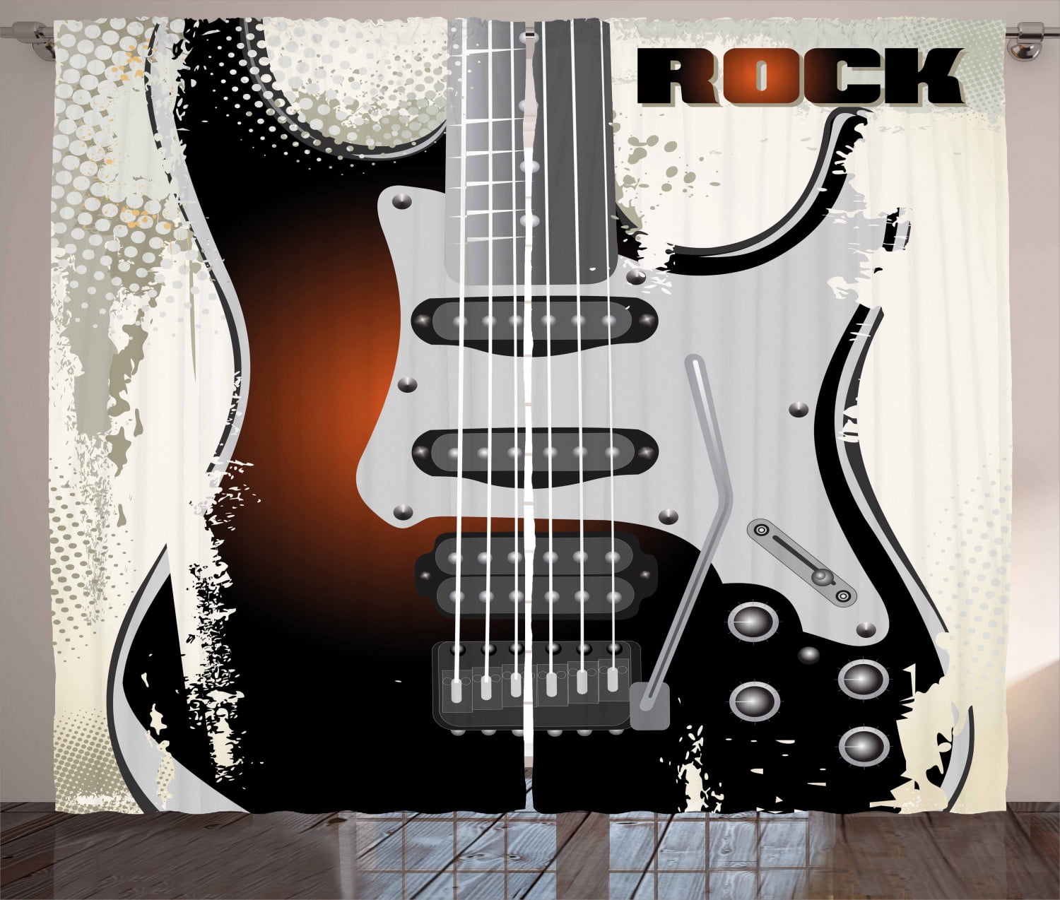 Rock Music Curtains 2 Panels Set, Detailed Guitar Pattern with Strings ...