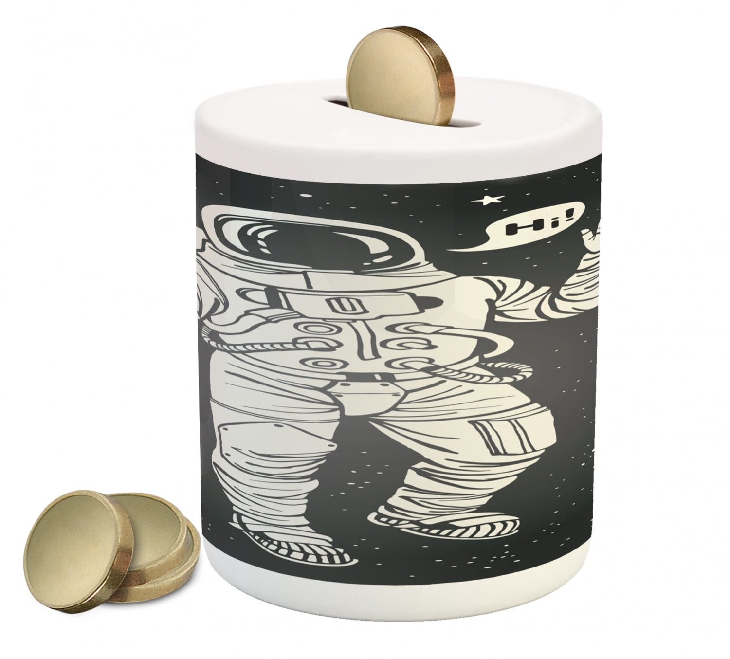 Outer Space Piggy Bank, Pop Art Astronaut Saluting with Speech Bubble ...