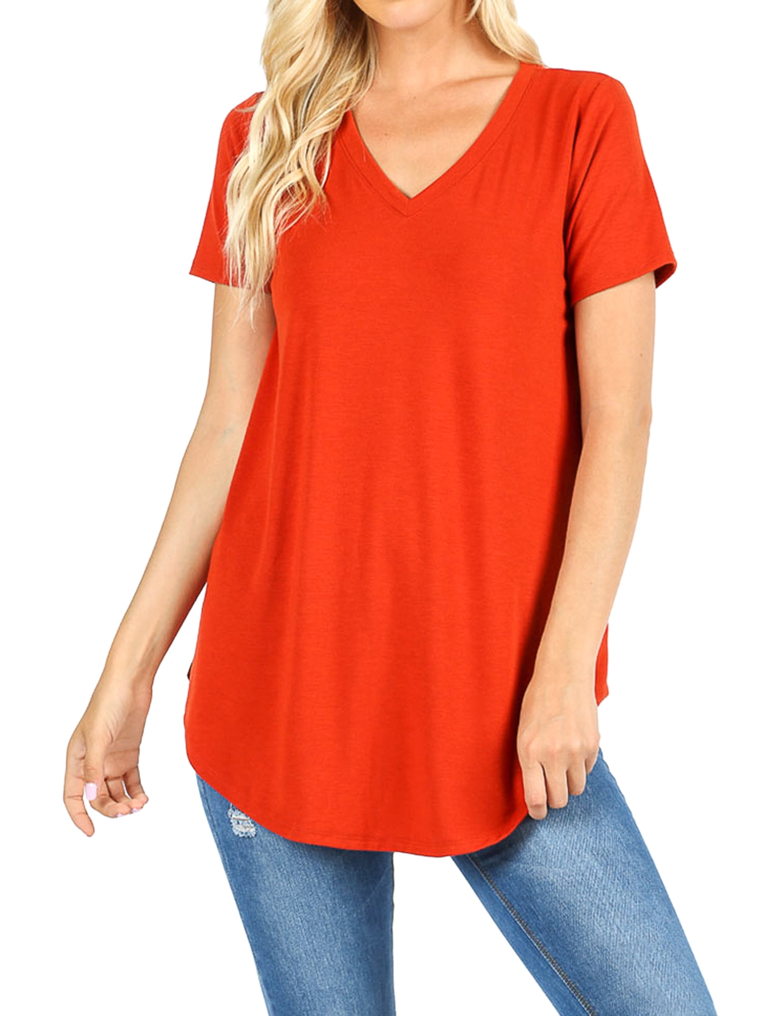 Zenana Women And Plus Short Sleeve V Neck Round Hem Relaxed Fit Casual