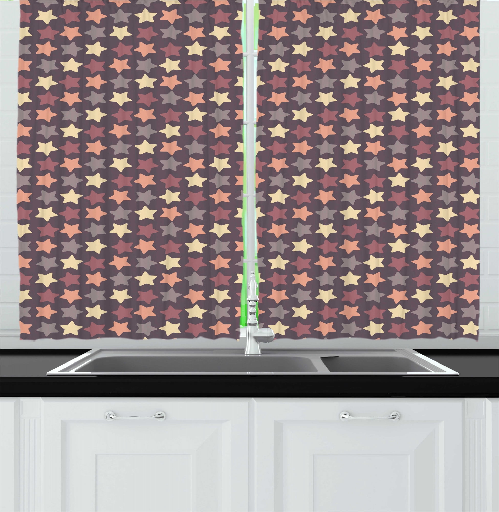 Star Kitchen Curtains, Abstract Pentagon Sky Objects Planetary Outer ...