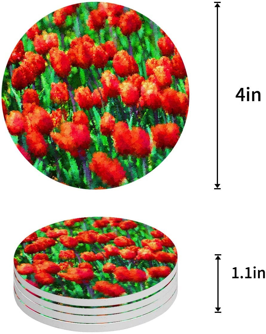 ZHANZZK Summer Red Tulips Oil Painting Style Set of 6 Round Coaster for ...