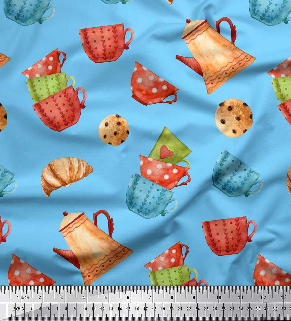 Soimoi Blue Poly Georgette Fabric Kettle & Cups Kitchen Print Fabric by ...