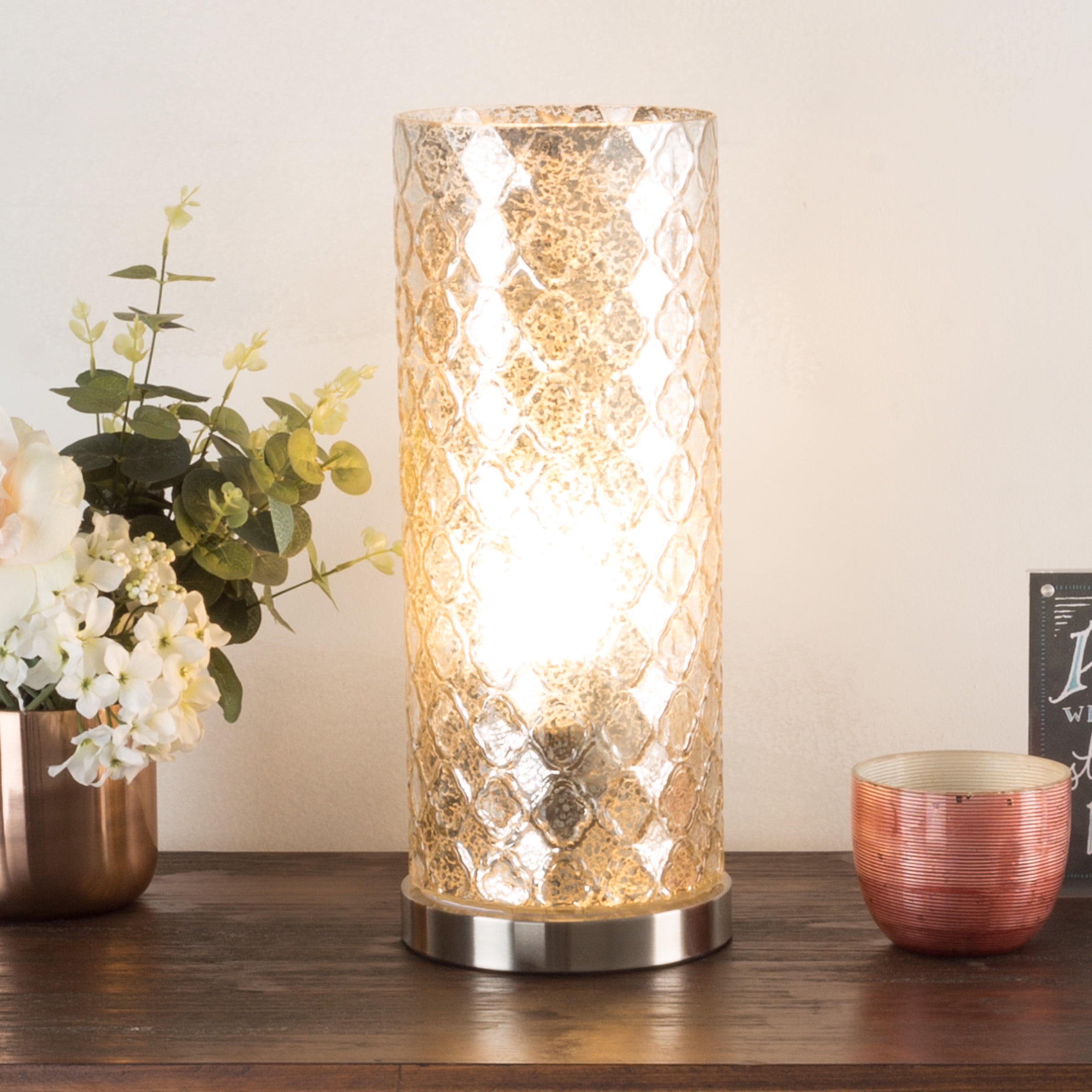 LED Uplight Table Lamp with Silver Mercury Finish, Embossed Trellis ...