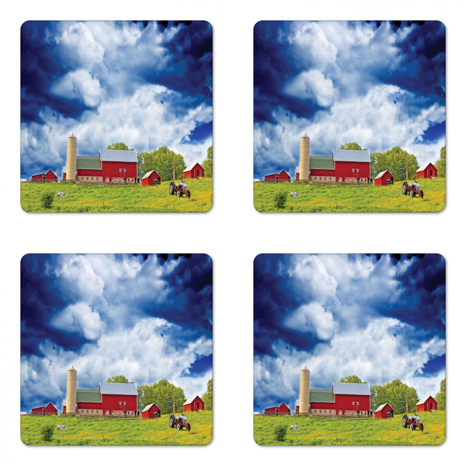 Country Coaster Set of 4, Landscape Scenery View Warehouse Barn Clear ...