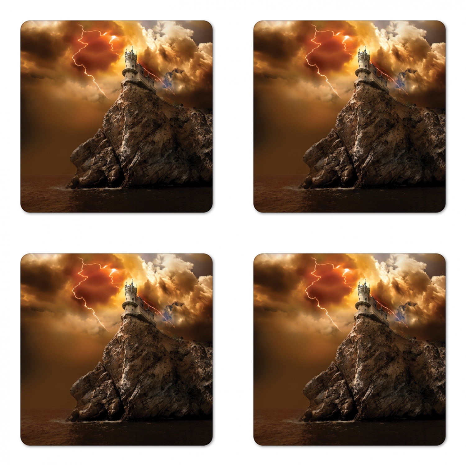 Fantasy Coaster Set of 4, Fantasy Castle on Top of the Cliff with ...