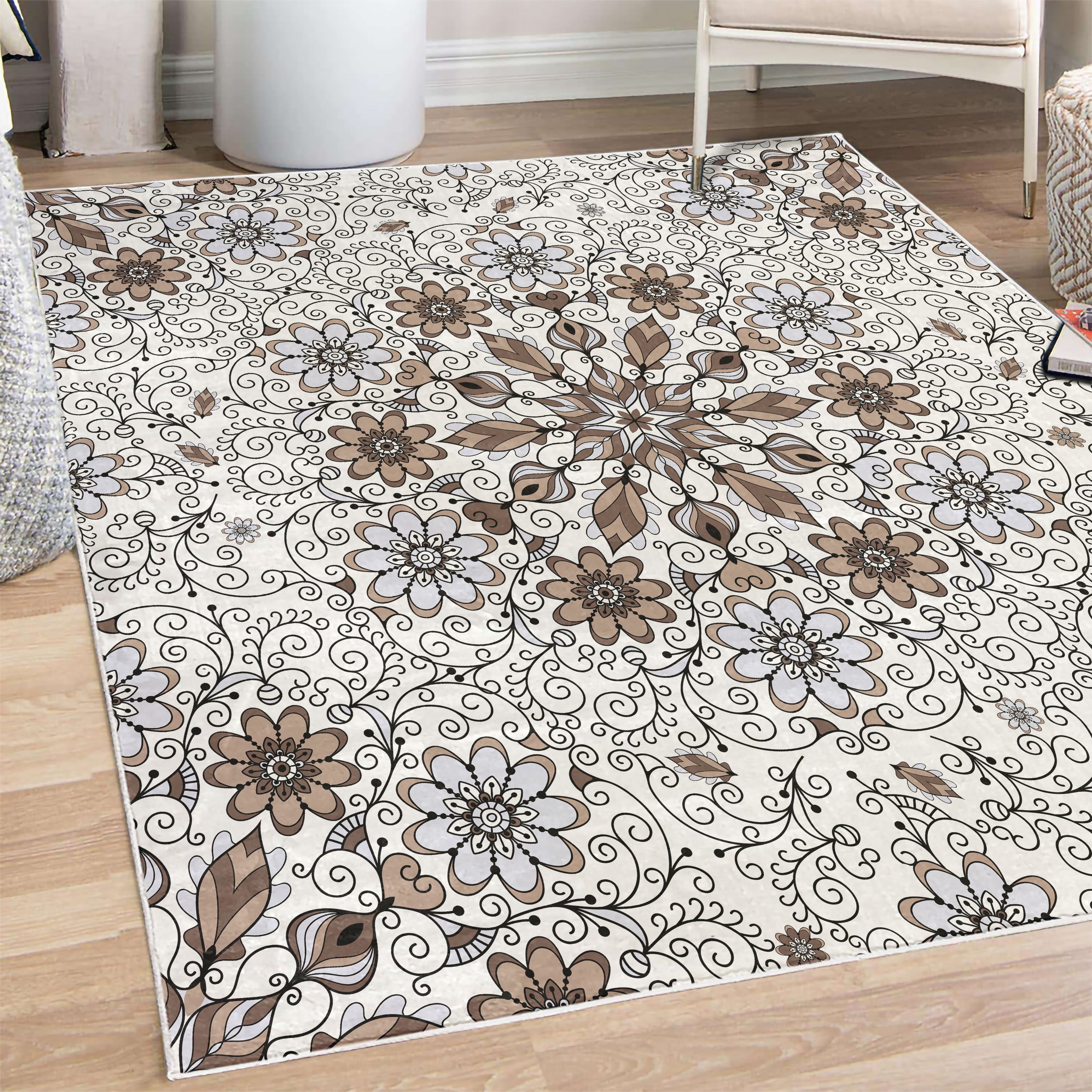 Ethnic Decorative Rug, Vintage Abstract Flower Swirls Leaves Doily ...