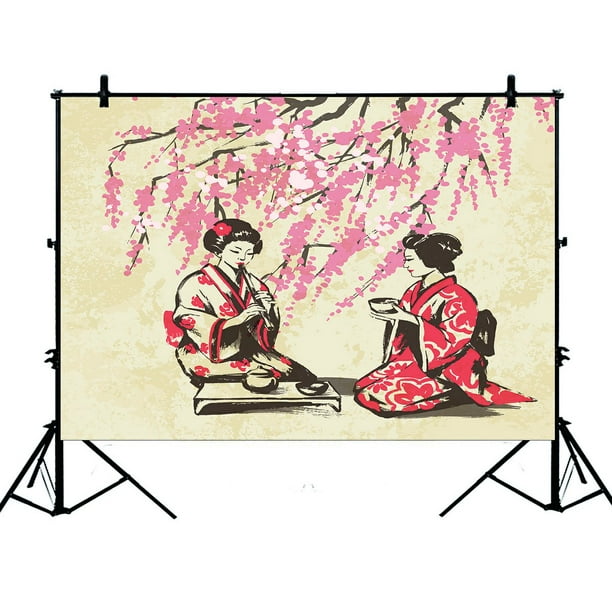 BSDHOME 7x5ft Asian Backdrops, Japanese Lady Wearing Kimono with Cherry ...