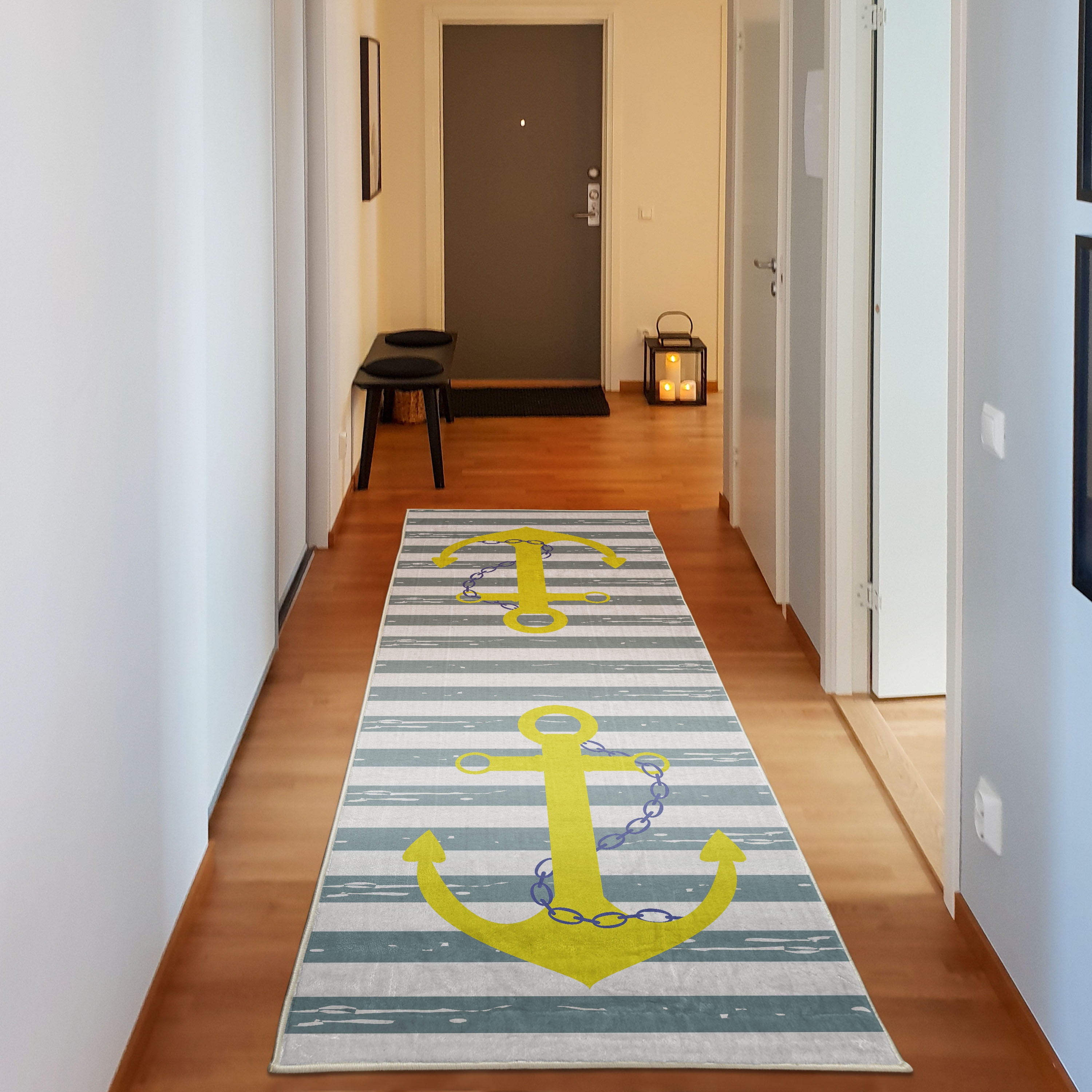 Striped Decorative Rug, Ship Anchor Chain Marine Life Inspired Lines ...